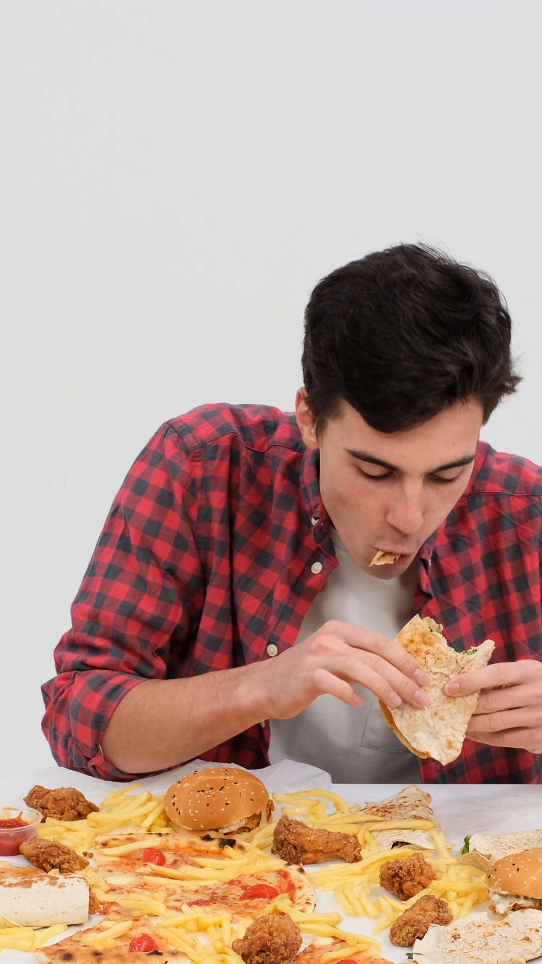Hungry Man Eating Junk Food On White Stock Footage SBV-353395014 ...