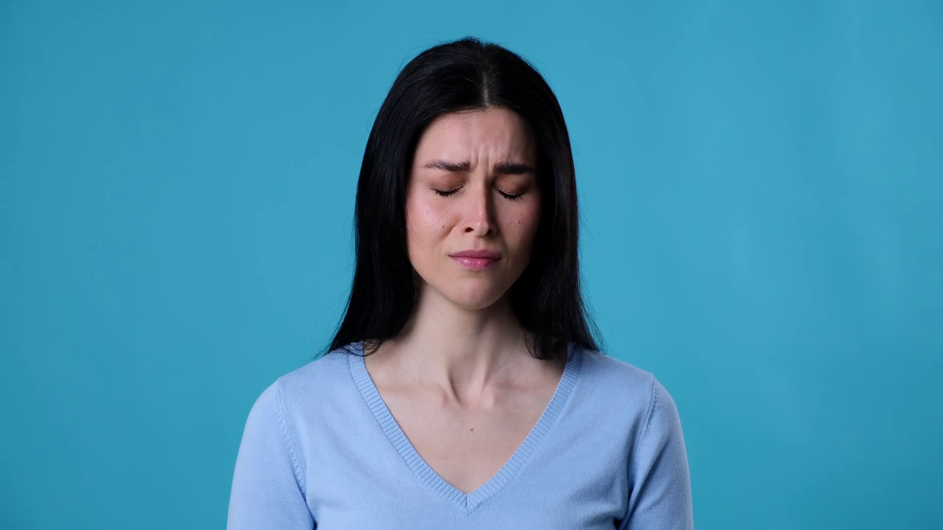 Sorrowful Woman Crying Alone On Blue Stock Footage SBV-347714509 ...