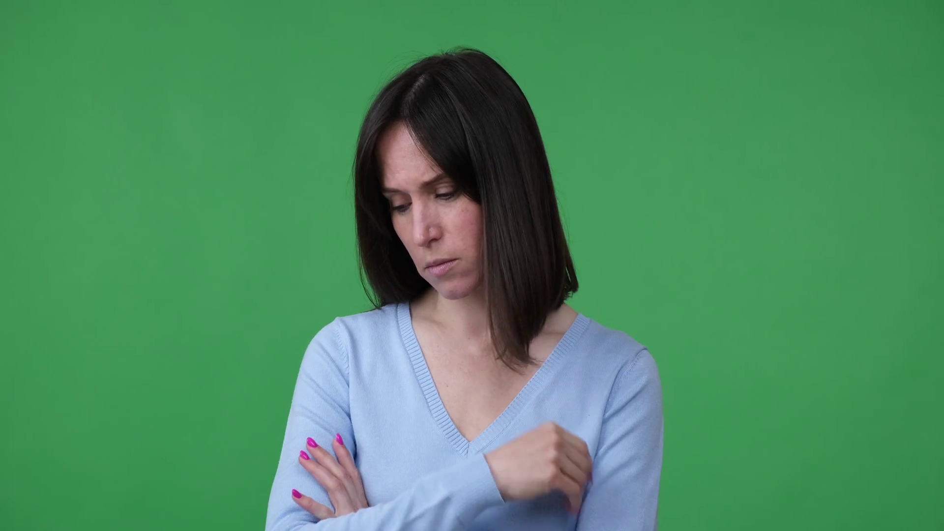 Sad Caucasian Woman Standing On Green Screen Stock Footage SBV ...