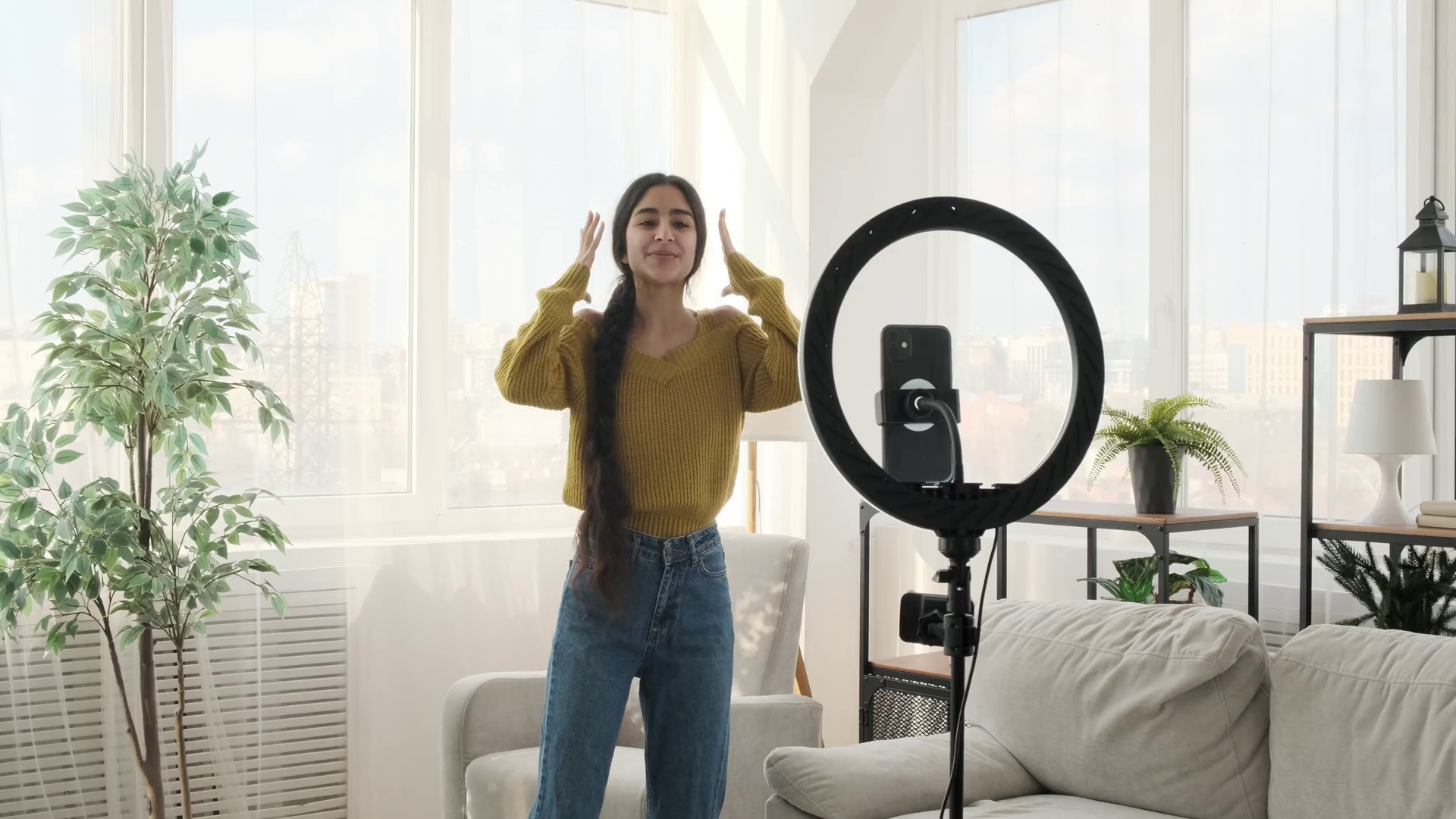 Smiling Woman Engaging Mobile Vlogging Stock Footage SBV-347660991 ...