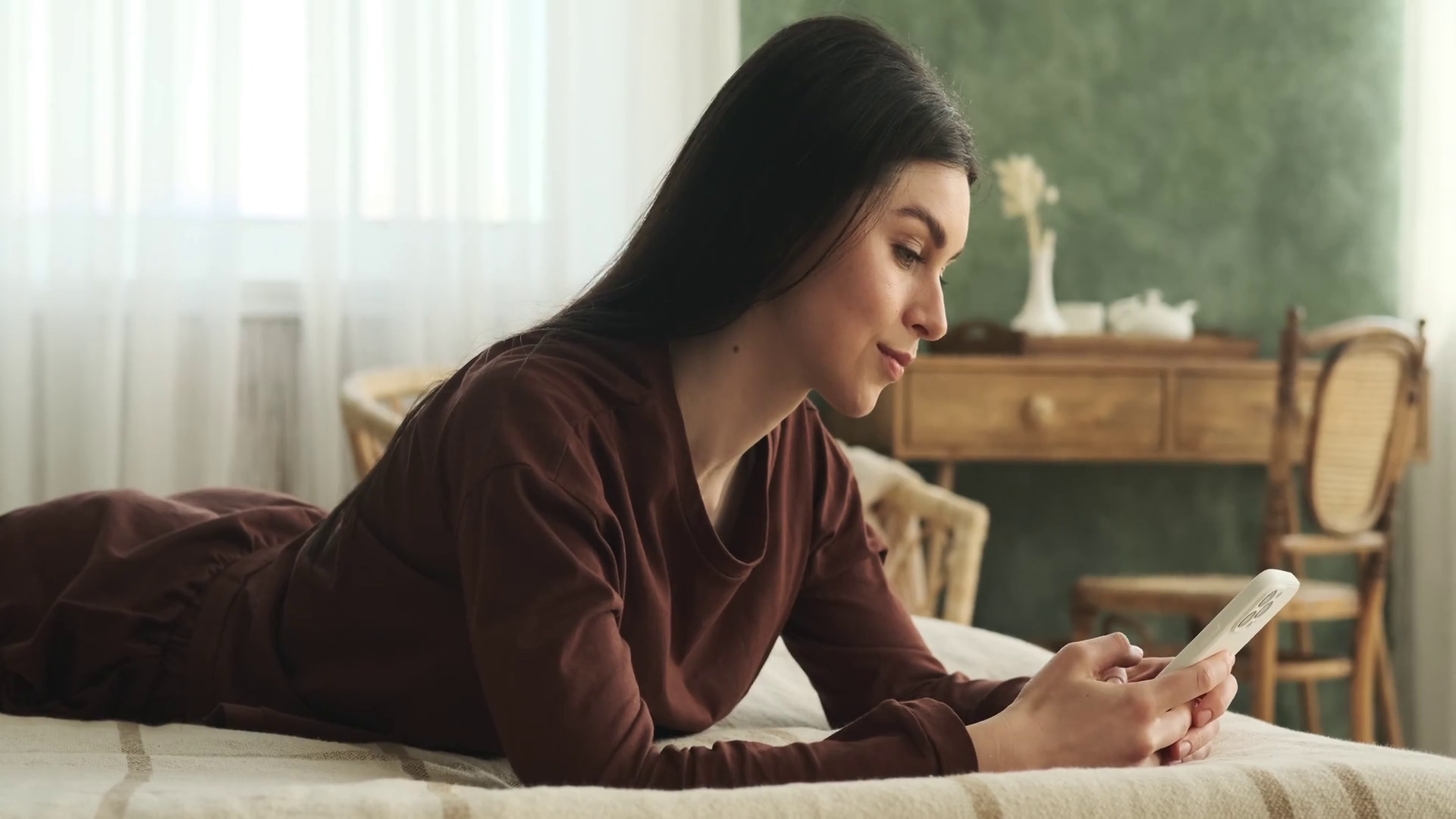 Joyful Caucasian Woman In Pajamas Texting Stock Footage SBV-347670236 ...