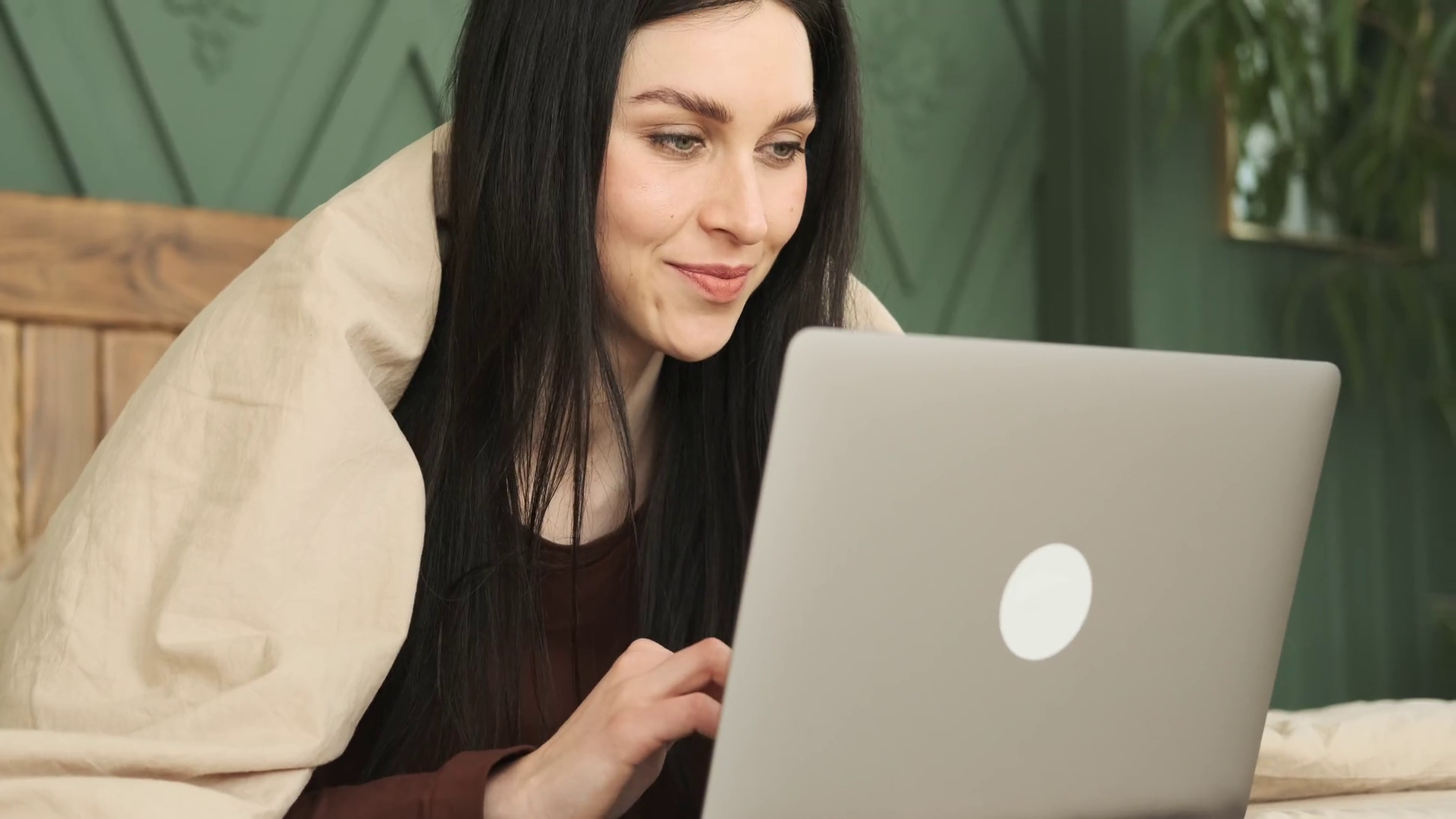 Smiling Caucasian Woman In Pajamas Typing On Stock Footage SBV ...