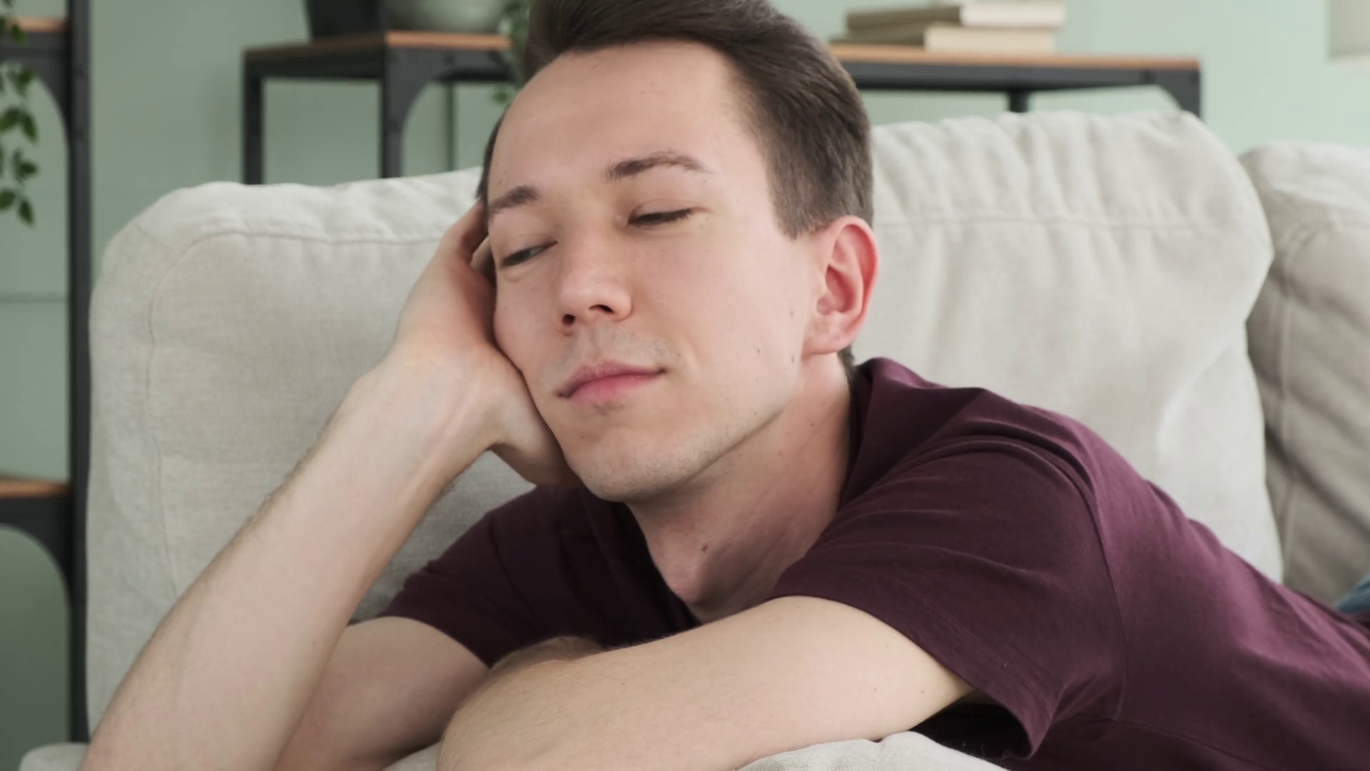 Dreaming Smiling Man Relaxing On Sofa Stock Footage SBV-348388490 ...