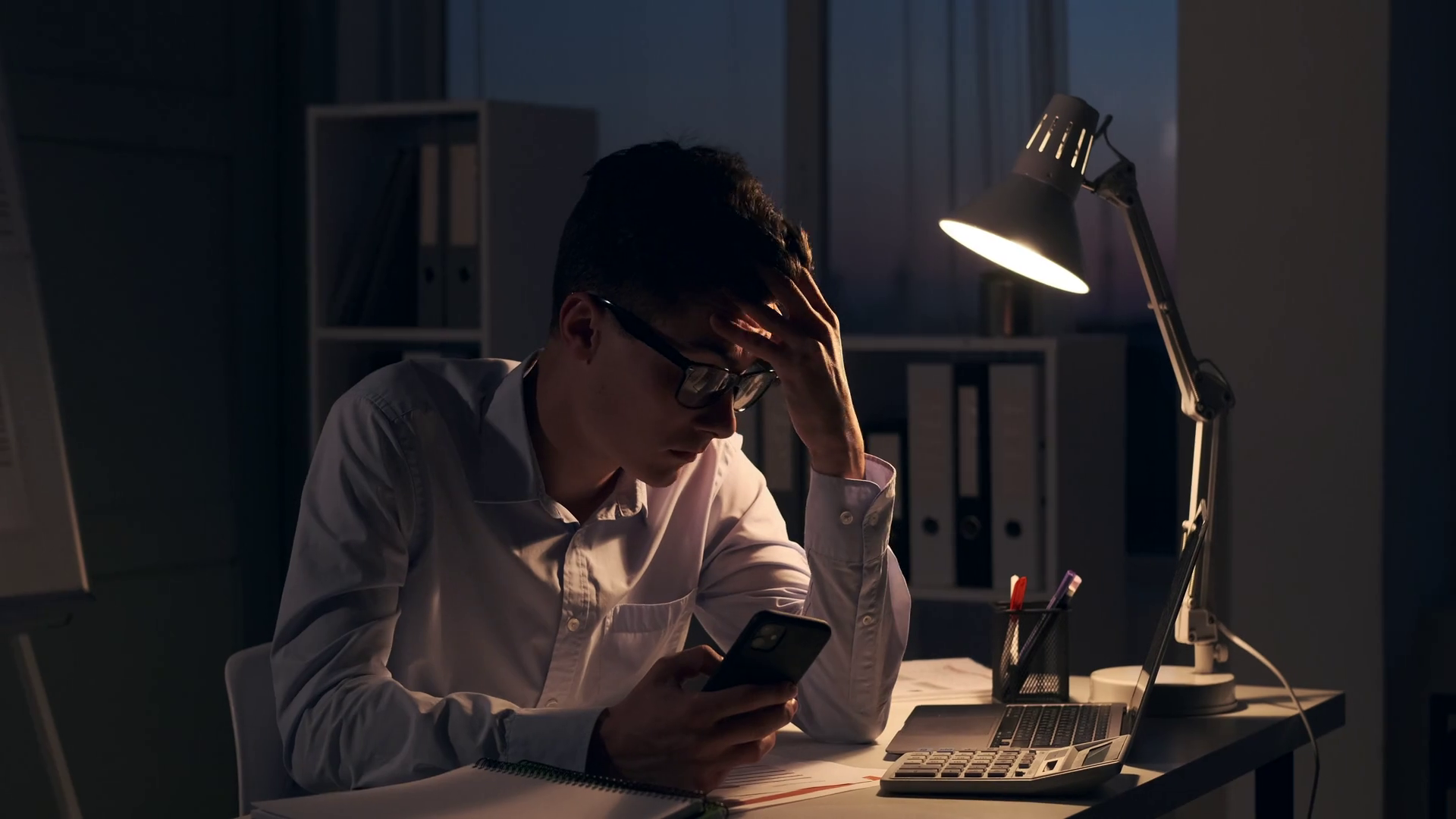 Sad Caucasian Office Worker Using Phone At Stock Footage SBV-348388657 ...