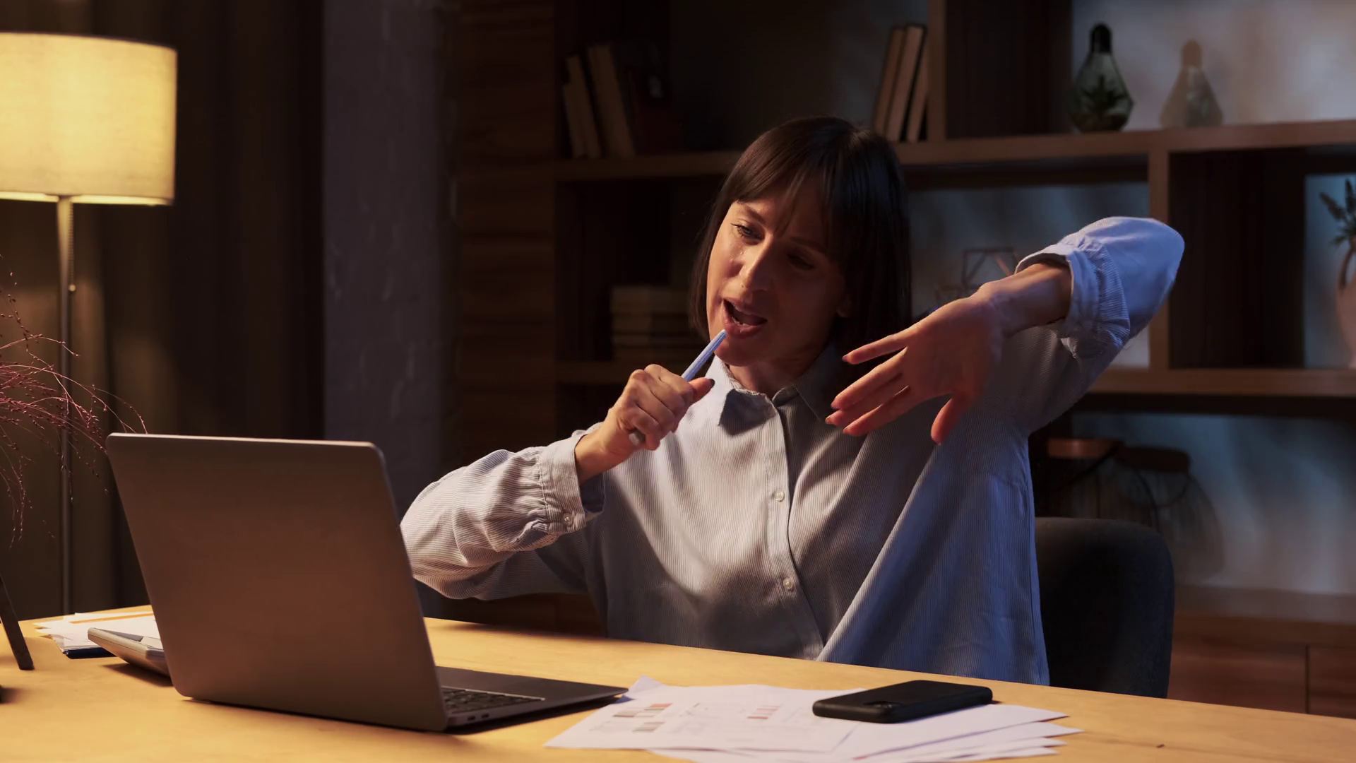 Woman Sings Dances At Table With Laptop In Stock Footage SBV-348560788 ...
