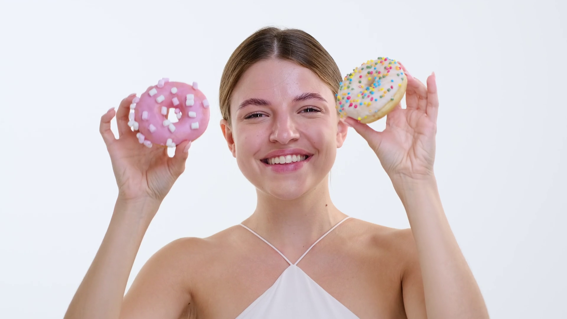 Woman Dancing With Donuts On White Background Stock Footage SBV ...