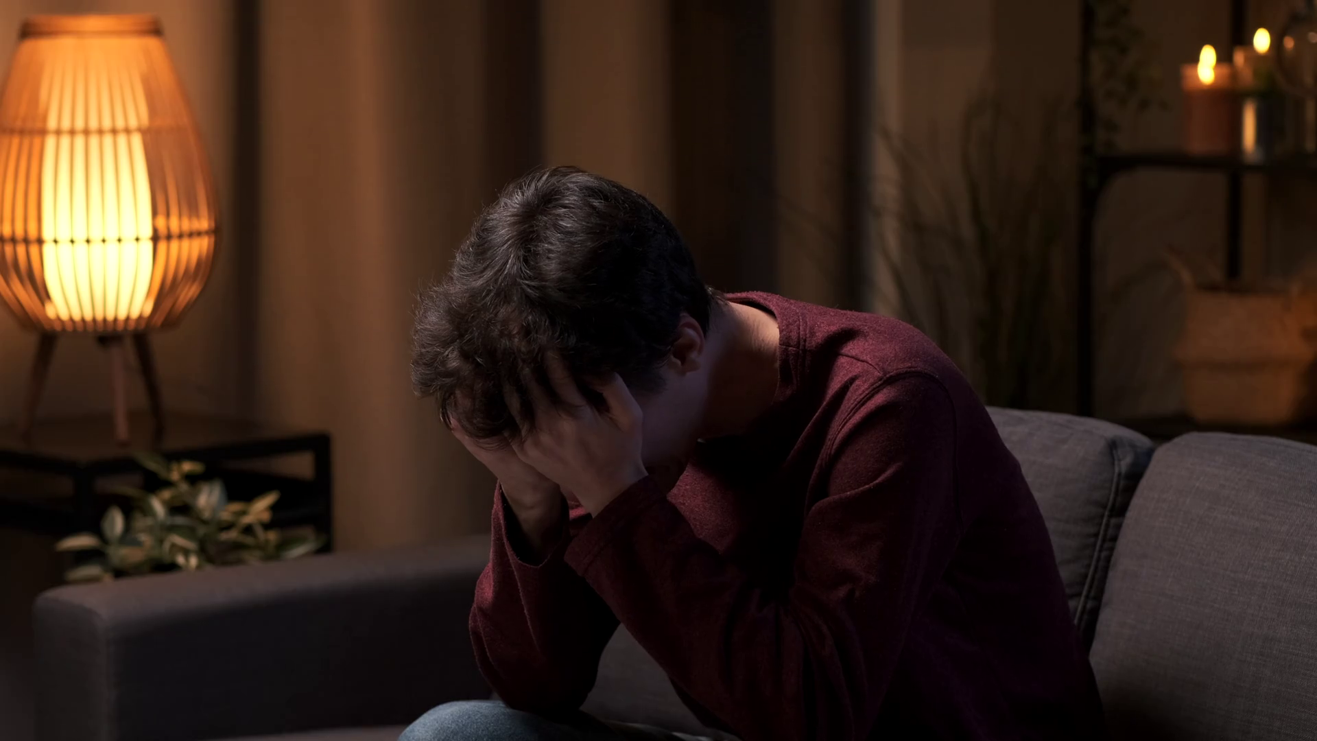 Sorrowful Stressed Man Crying On Sofa Stock Footage SBV-348808708 ...