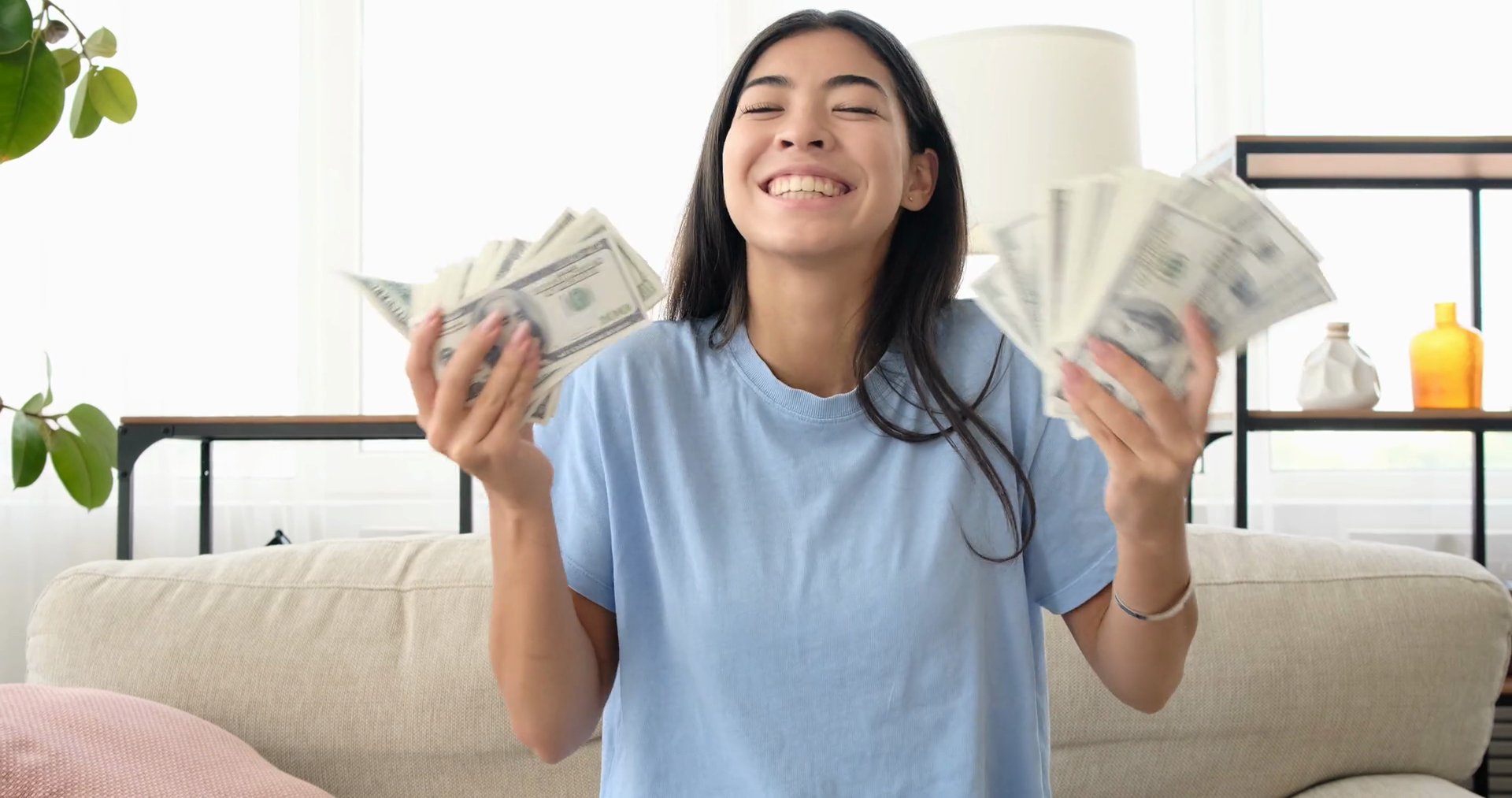 Excited Woman Shaking Dollar Bills In Hand Stock Footage SBV-338666847 ...