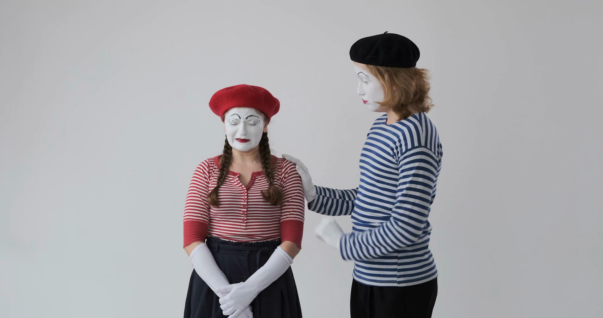 Mime Man Comforting Crying Female Mime Artist Stock Footage SBV ...