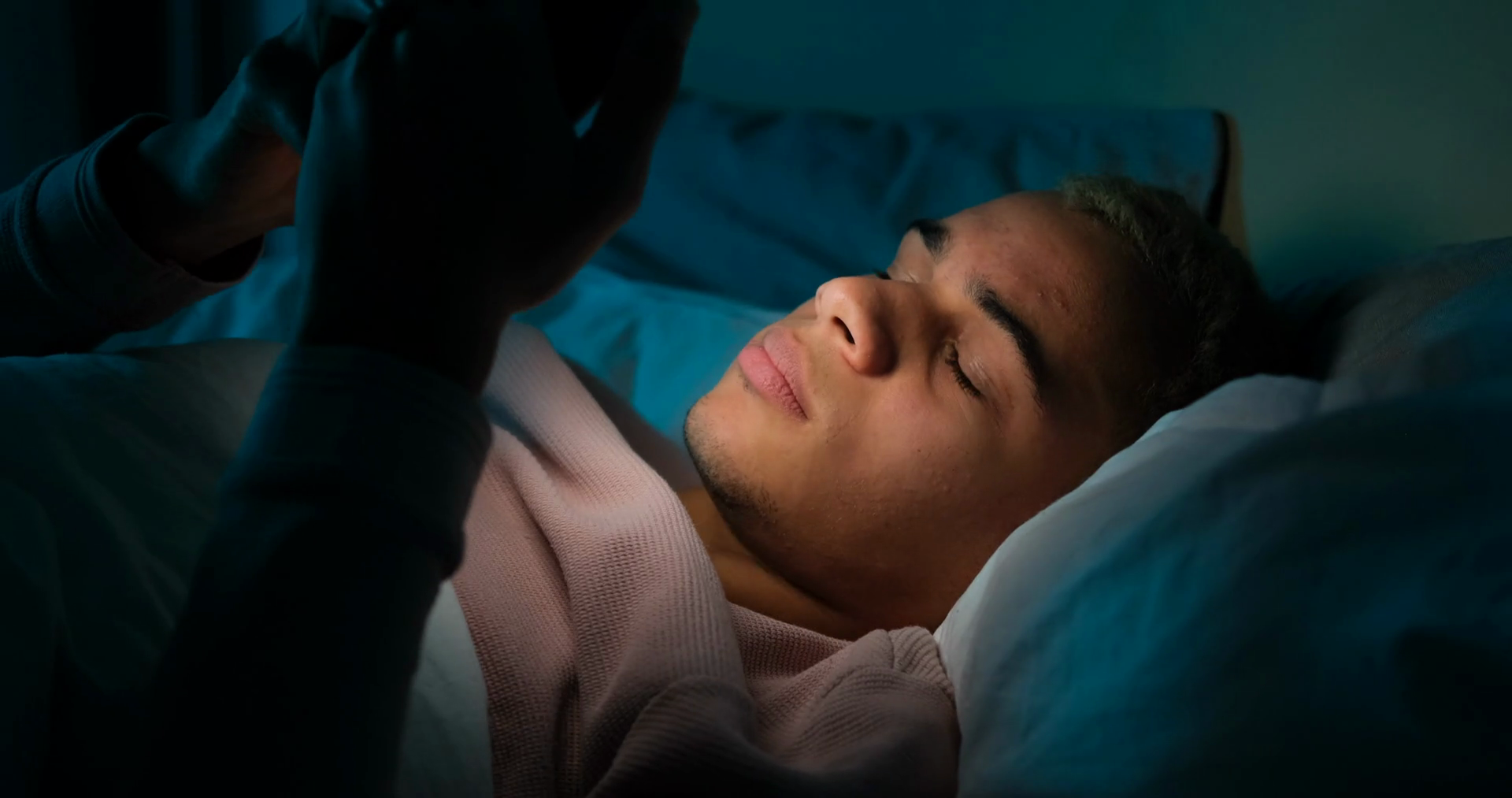 Tired Man Using Mobile Phone Late Night In Stock Footage SBV-338968704 ...