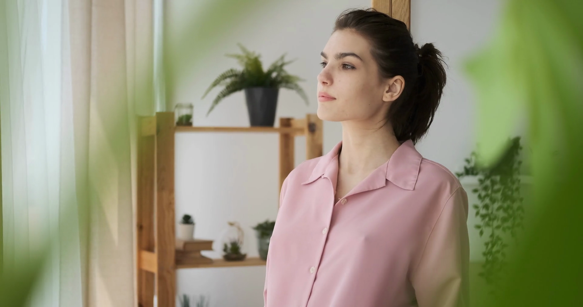 Woman Looking Out Through Window Enjoying Stock Footage SBV-338546602 ...