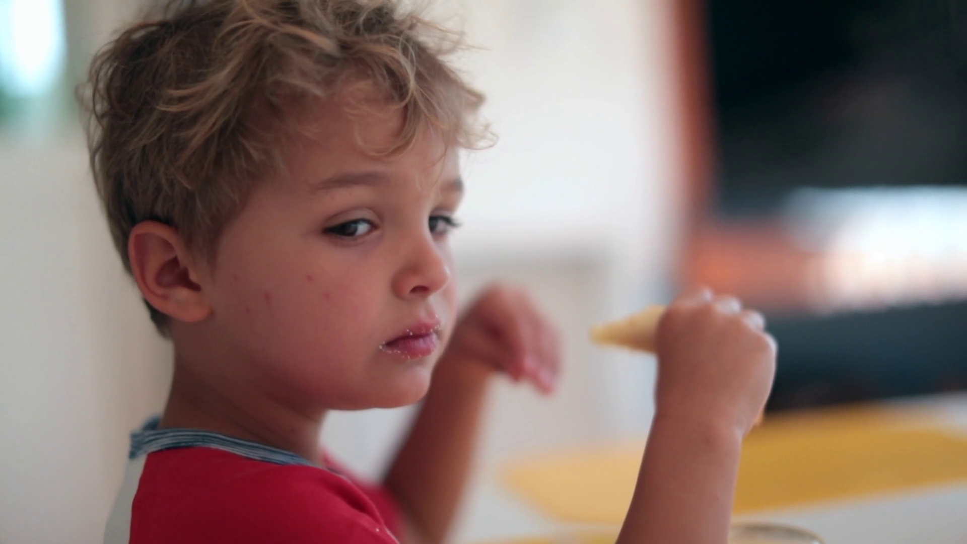 Side View Of Little Boy Eating Pancake Close Stock Footage SBV ...