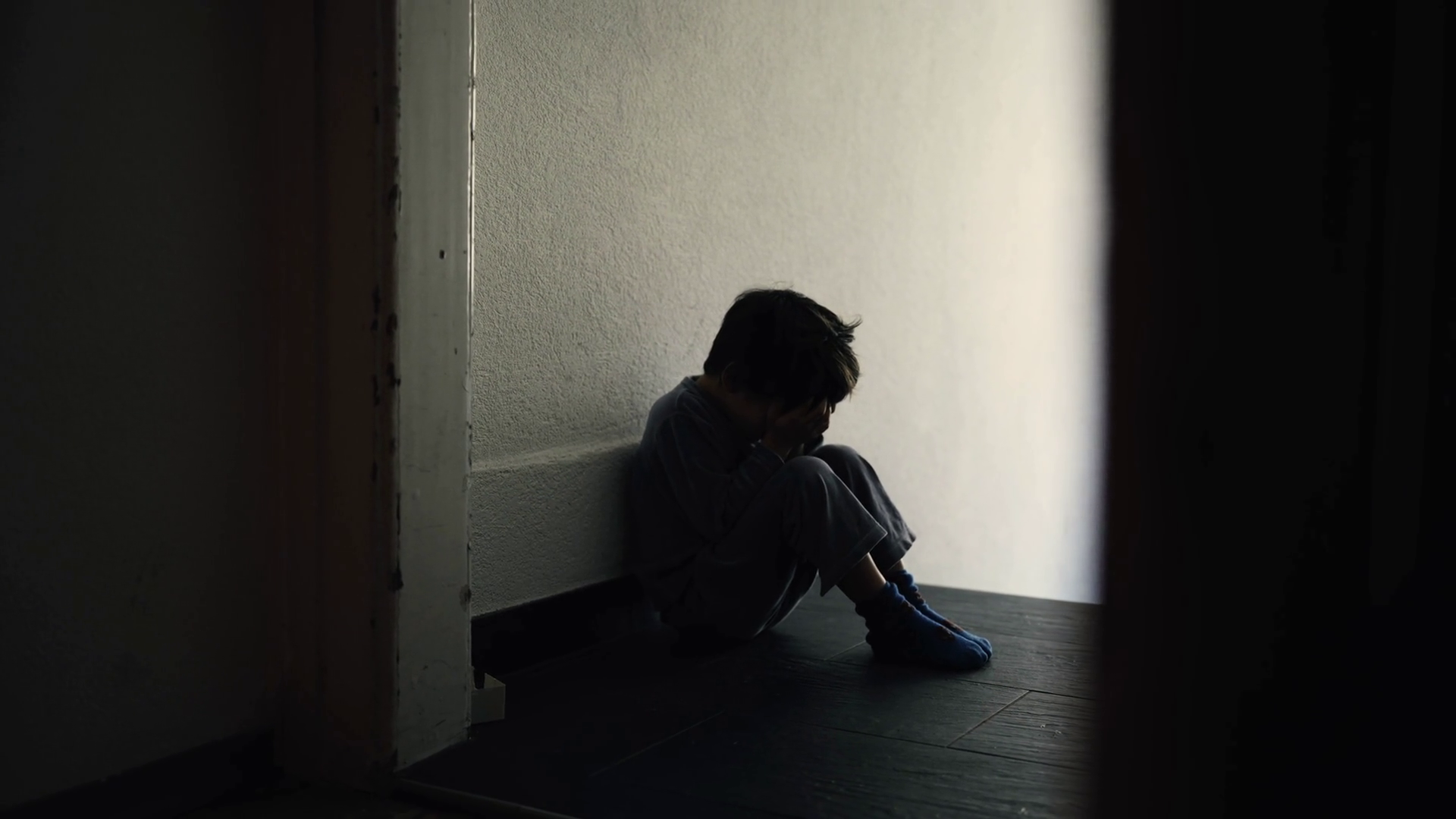 Sad Lonely Young Child Sitting In Dark Stock Footage SBV-351873692 ...