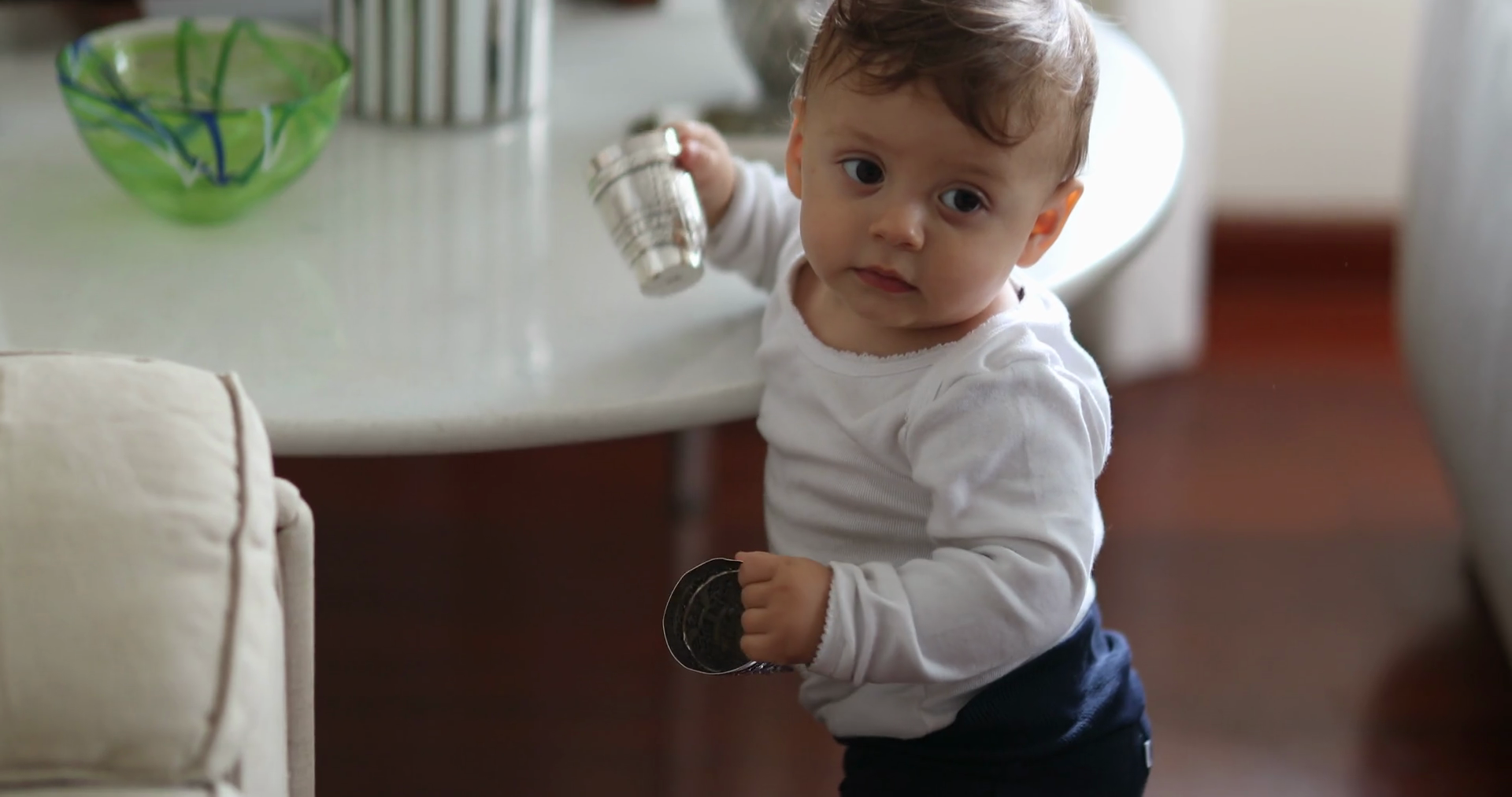 Baby Standing Up At Home Holding Objects Stock Footage SBV-348528667 ...