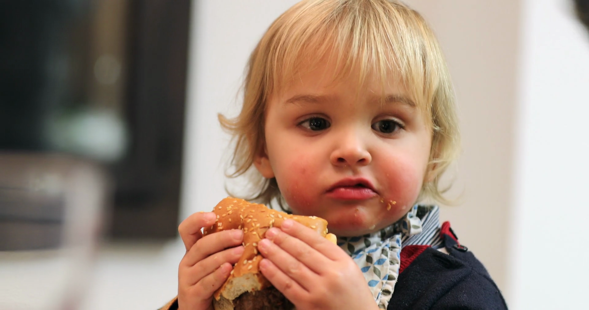 Child Eating Burger Dinner Toddler Baby Eats Stock Footage SBV ...