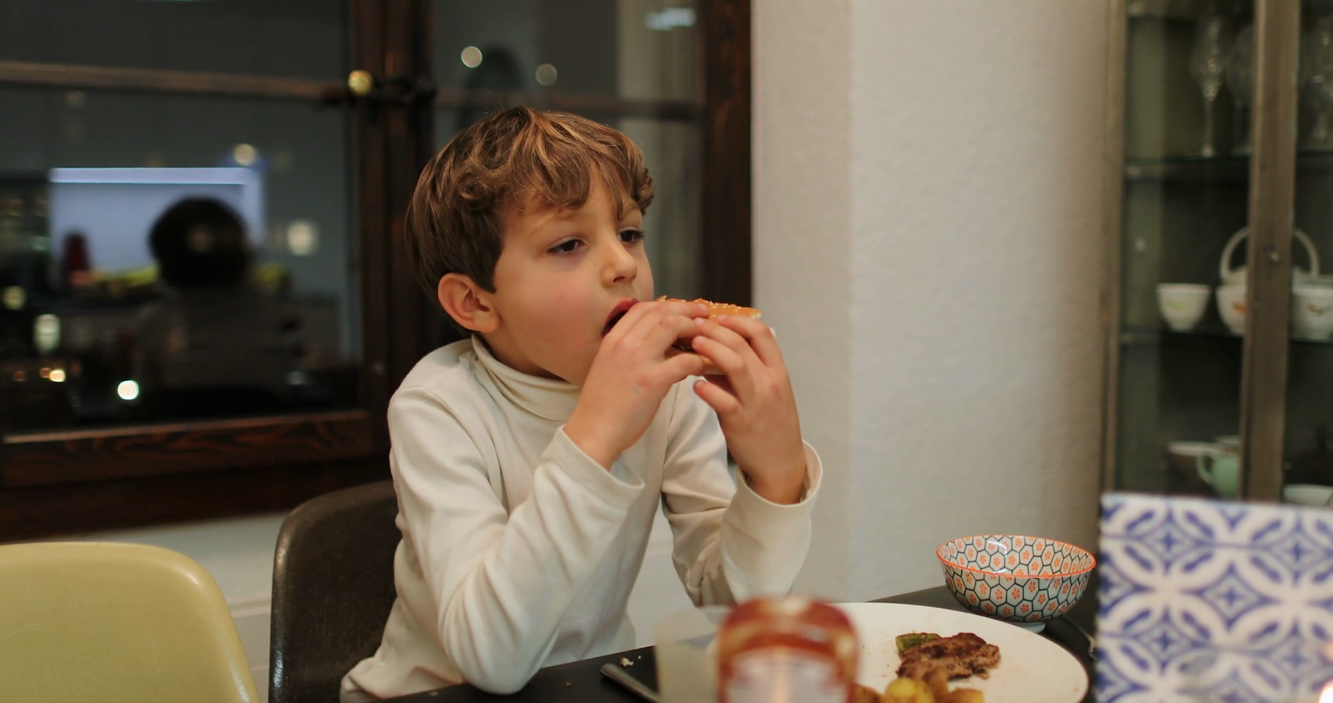 Child Eating Supper Young Boy Eating Burger Stock Footage SBV-348575534 ...