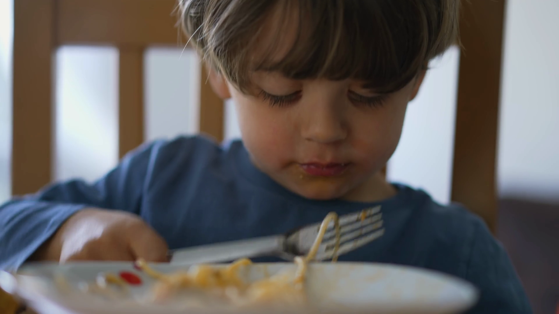 Closeup Child Face Eating Pasta Blond Make Stock Footage SBV-348684267 ...