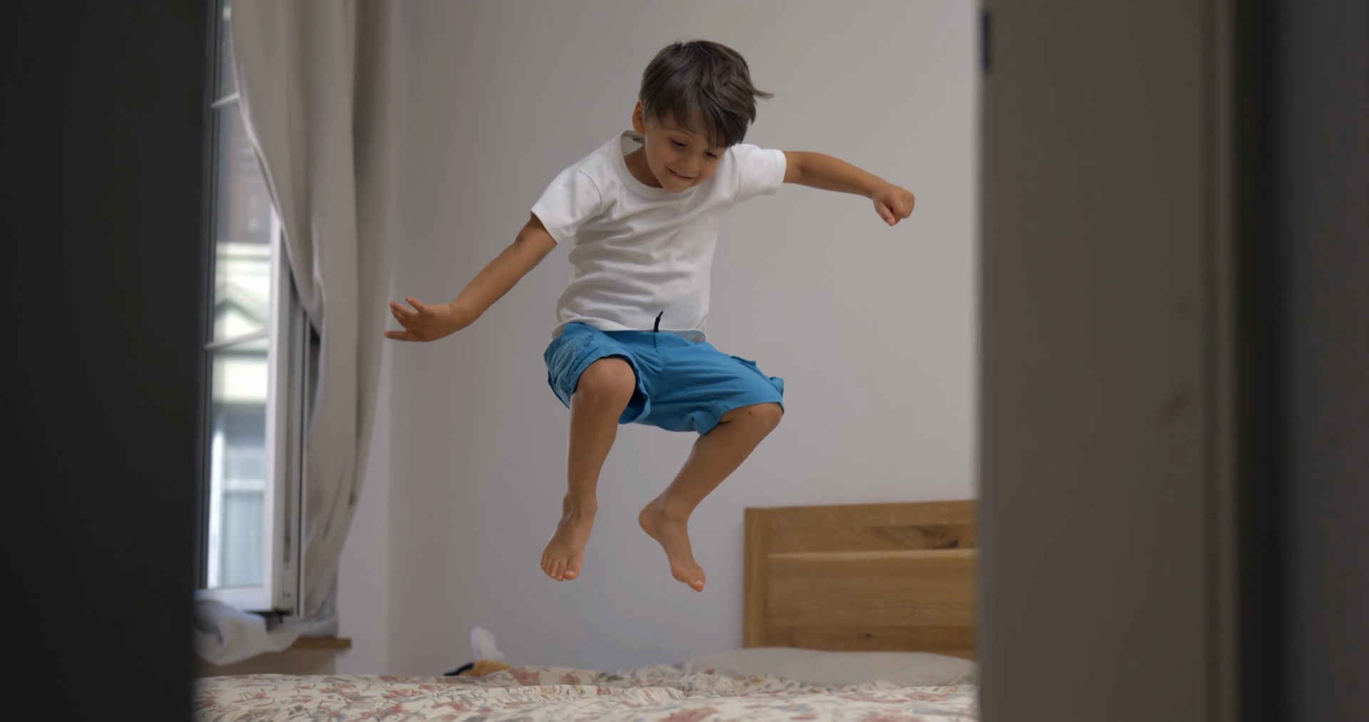 Excited Happy Child Jumping Up Down In Bed Stock Footage SBV-348483214 ...