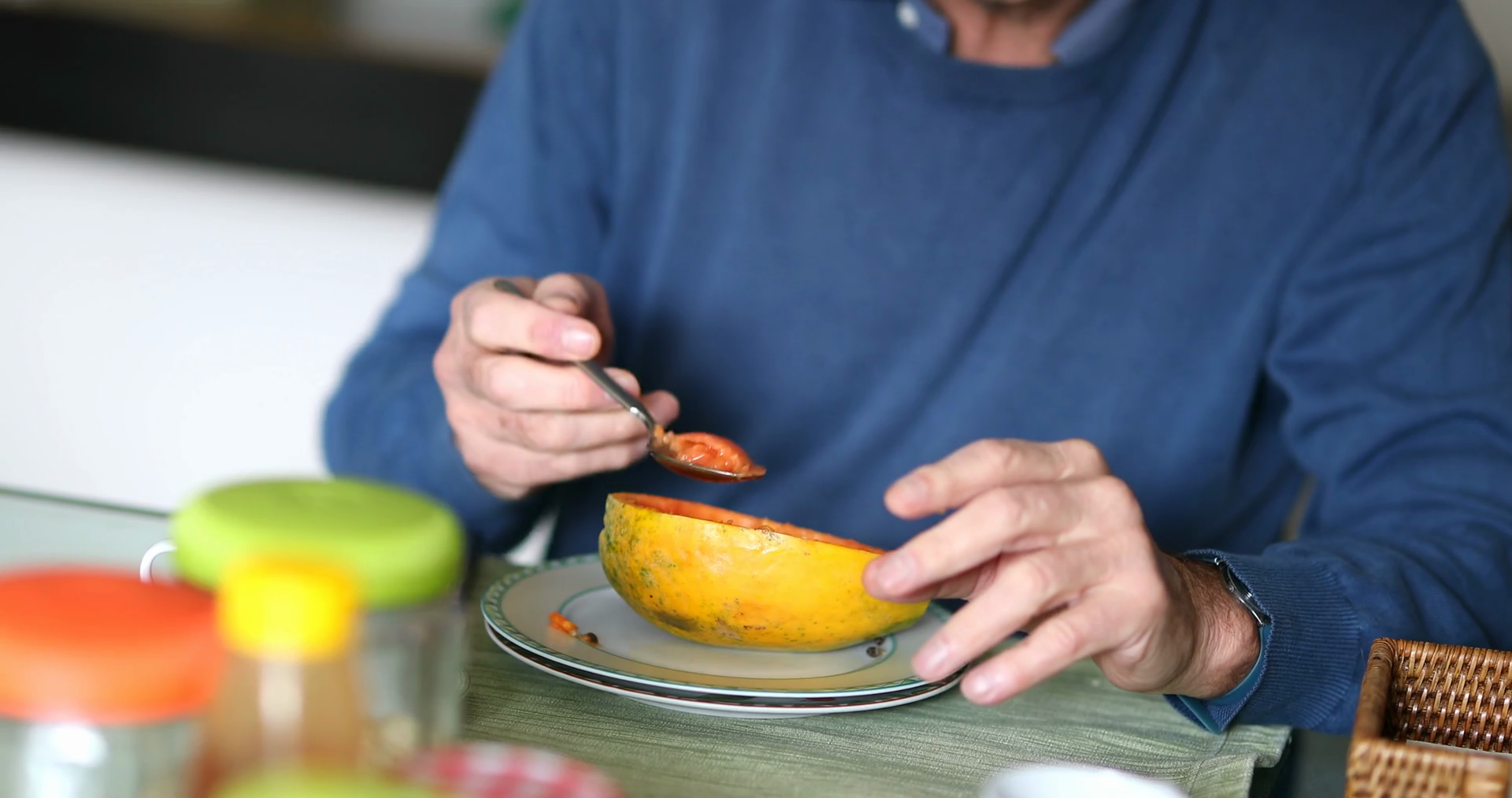 Healthy Older Man Eating Papaya Fruit Stock Footage SBV-348481197 ...