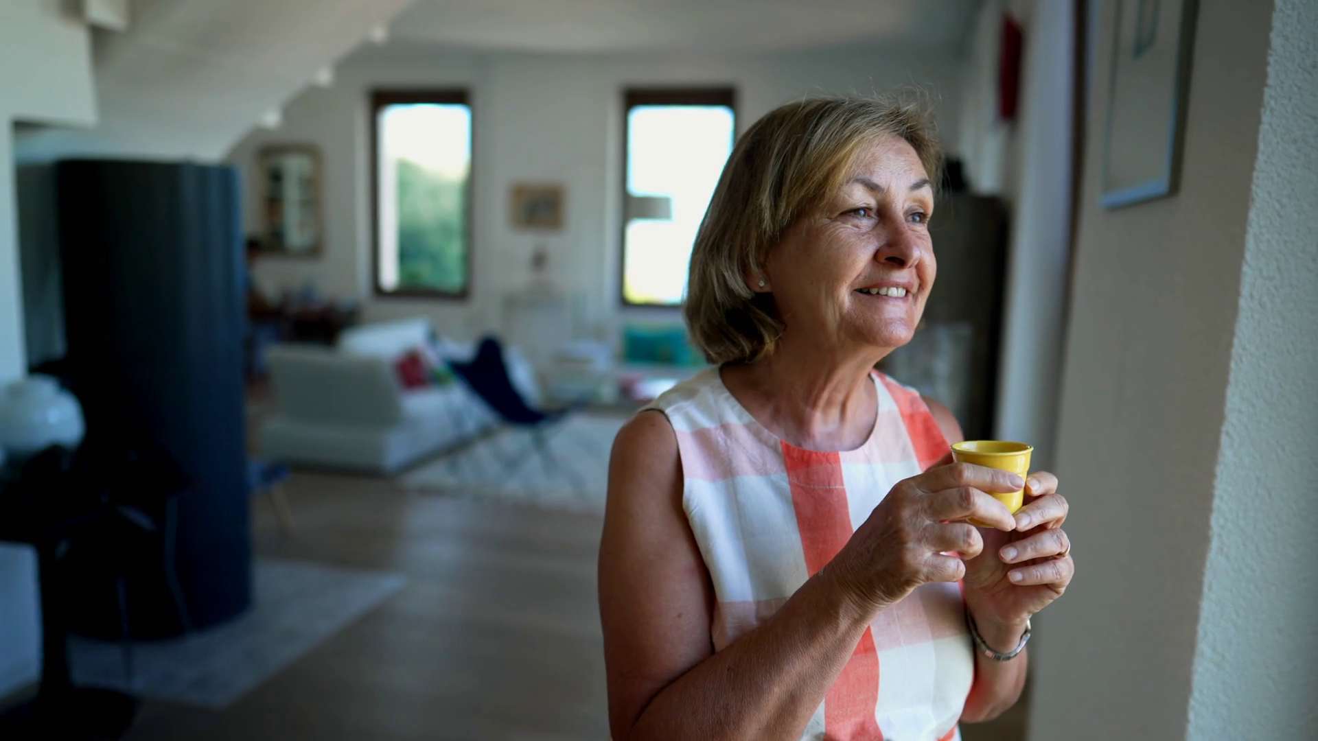 Joyful Mature Woman Standing Window Smiling Stock Footage SBV-348895075 ...