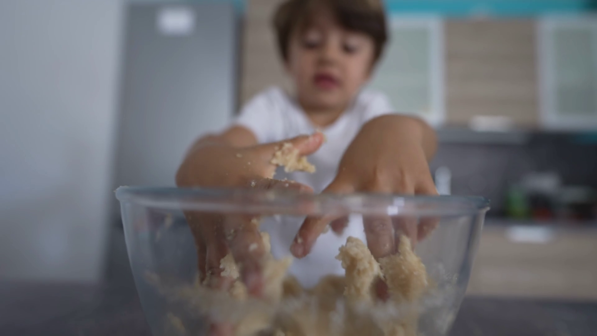 Messy Child Cooking At Home Mixing Dough Stock Footage SBV-348865318 ...