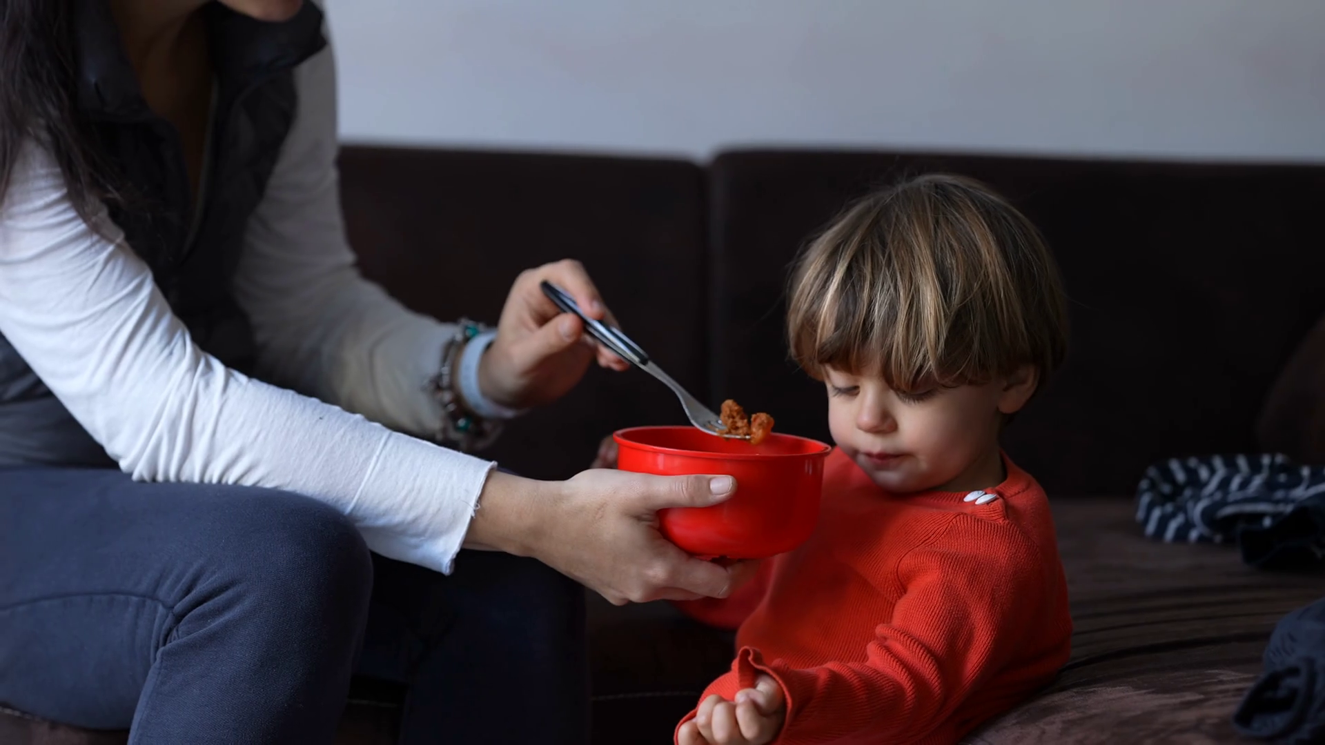 Mother Feeds Child Lunch Parent Giving Food Stock Footage SBV-348684024 ...