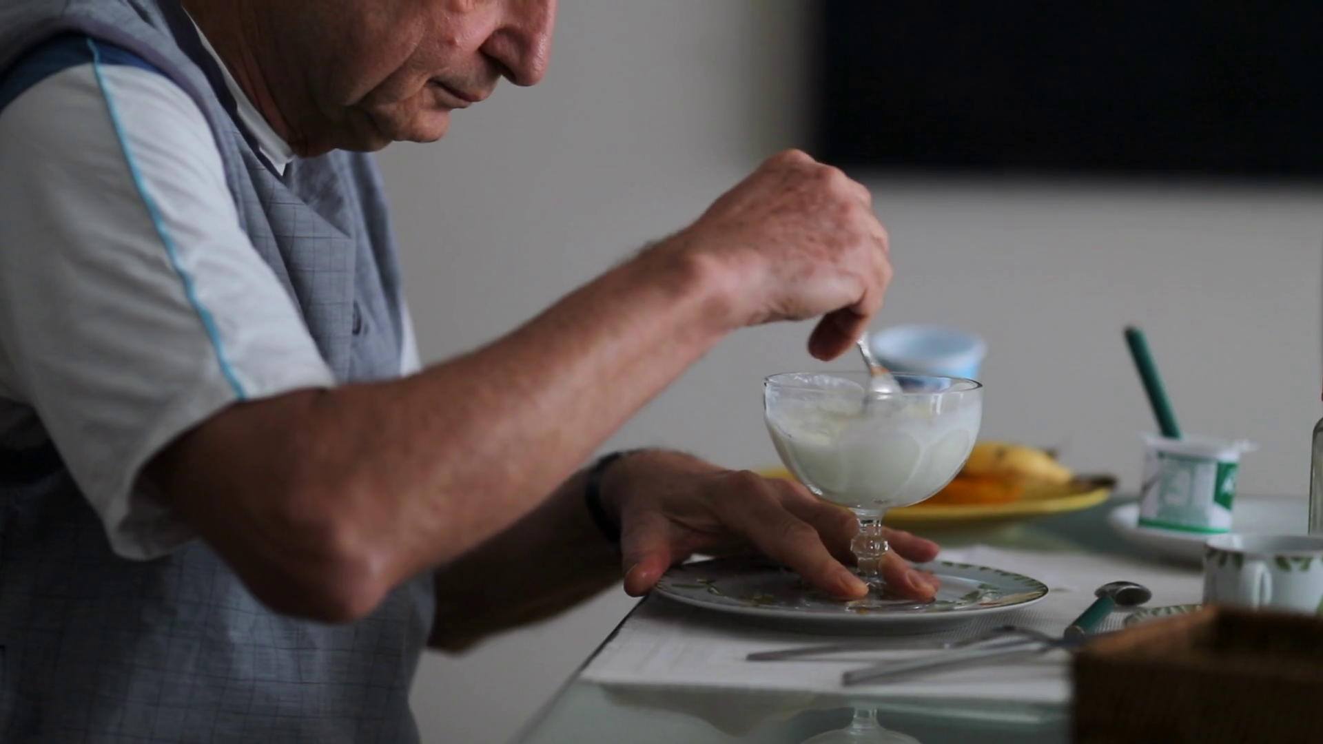 Older Man Mixing Yogurt In Morning Breakfast Stock Footage SBV ...