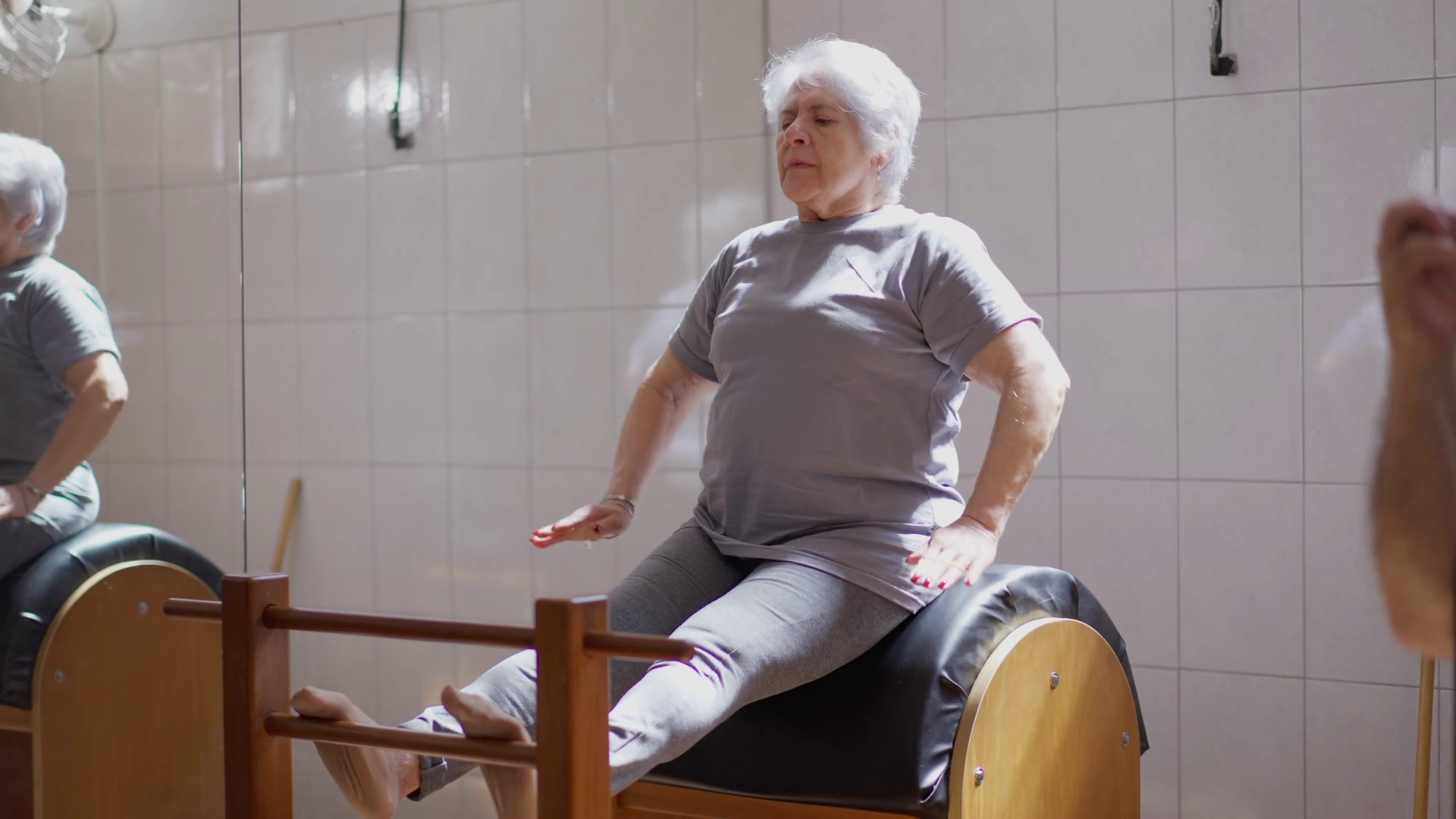 One Elderly Woman Stretching Body In Pilates Stock Footage SBV ...