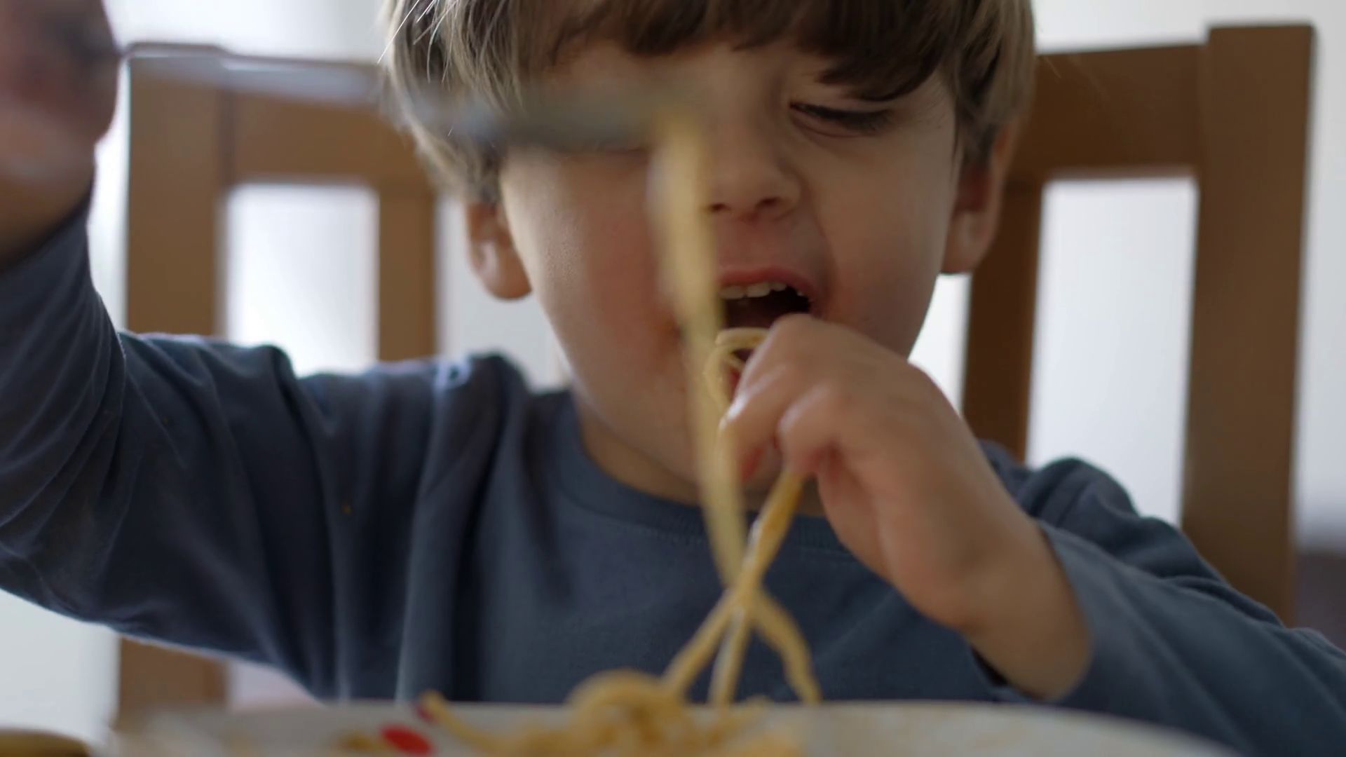 One Funny Little Boy Eating Pasta Child Stock Footage SBV-348682066 ...