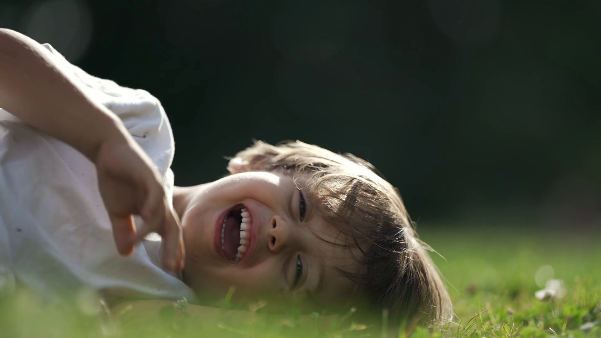 Tickling Happy Young Boy Lying On Grass Stock Footage SBV-348862826 ...