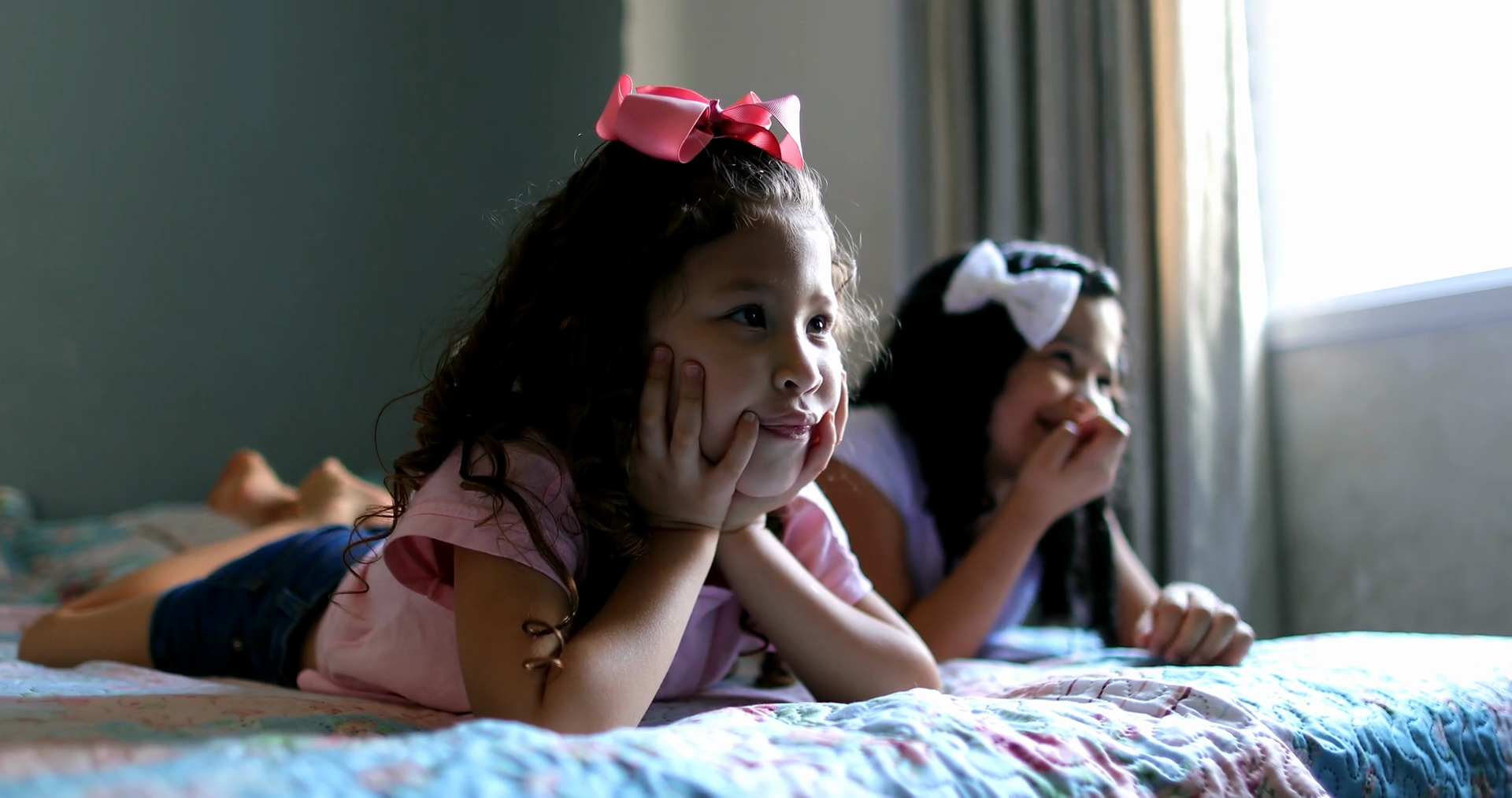 Two Little Girls Watching Tv Screen In Bed Stock Footage SBV-348658664 ...