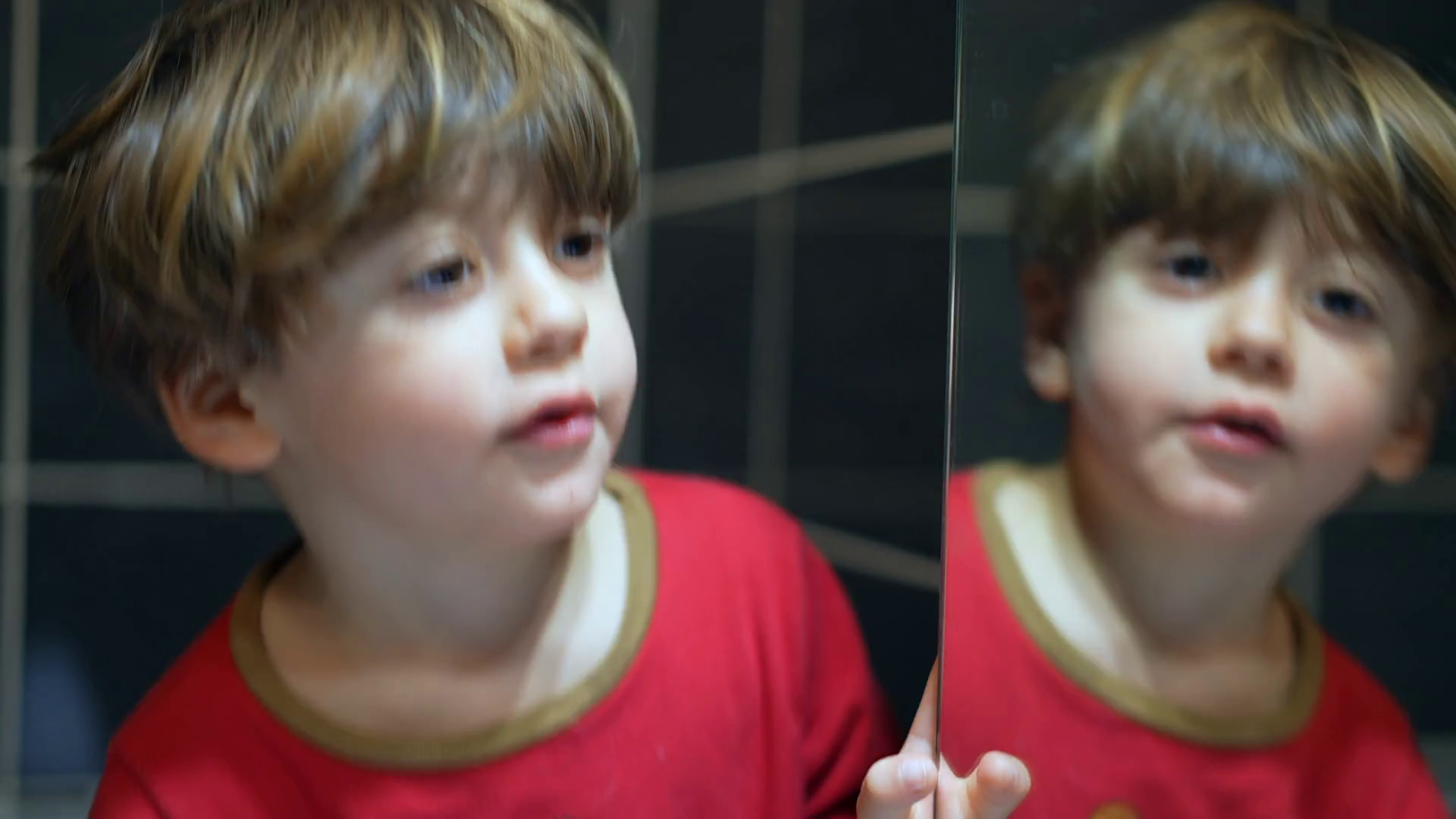 Small Boy Looking At In Mirror Pointing At Stock Footage SBV-348530755 ...
