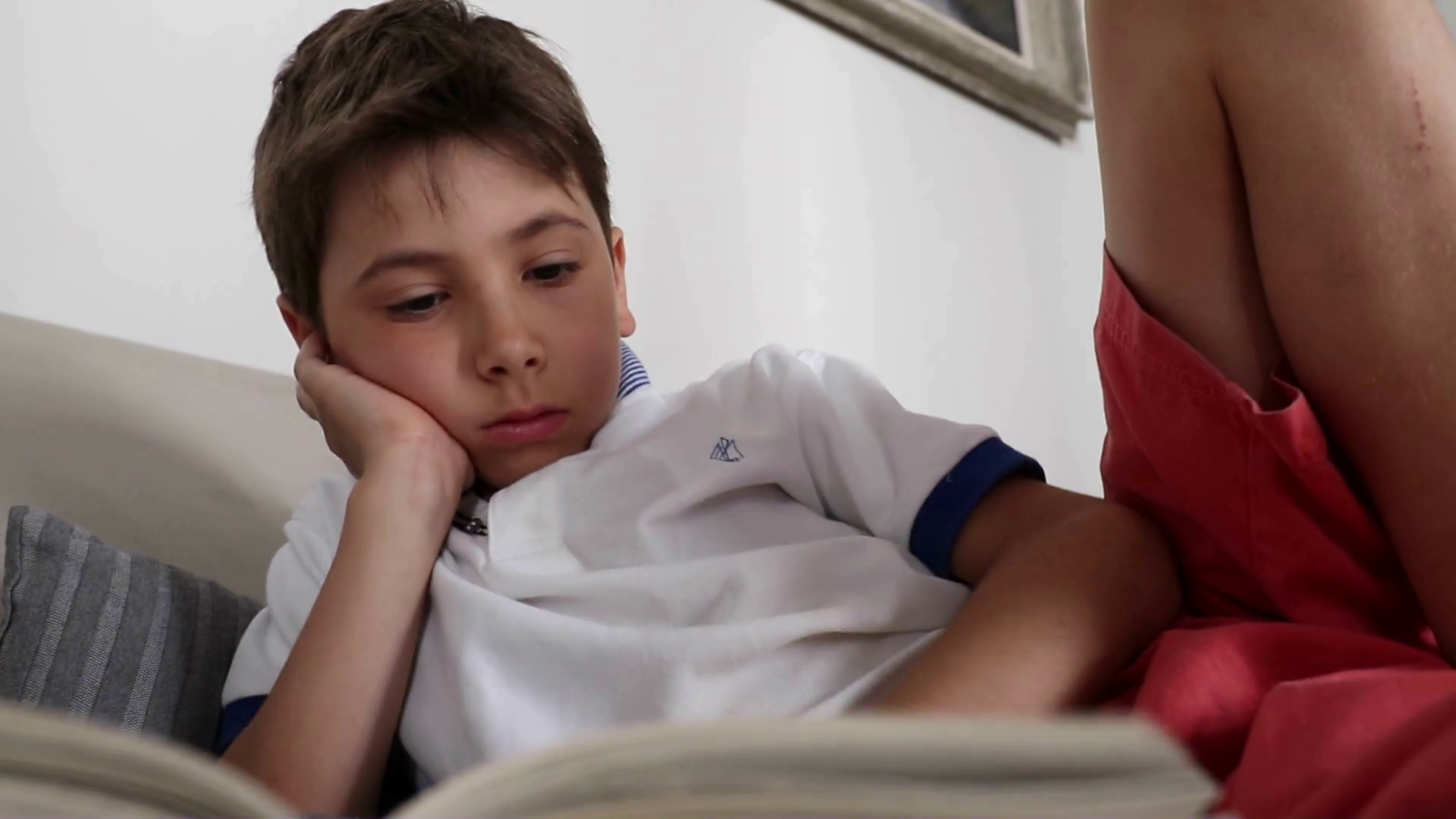 Engaging Learning: Young Boy Reading On Sofa Stock Footage SBV ...