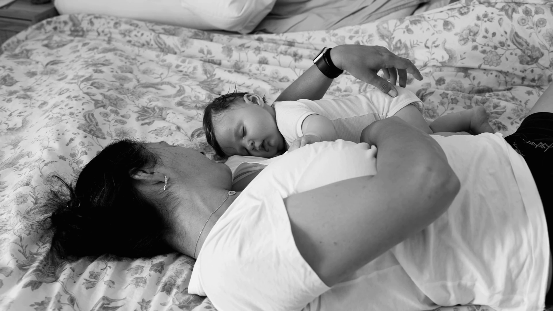 Mother Resting On Bed Baby Sleeps Peacefully Stock Footage SBV ...