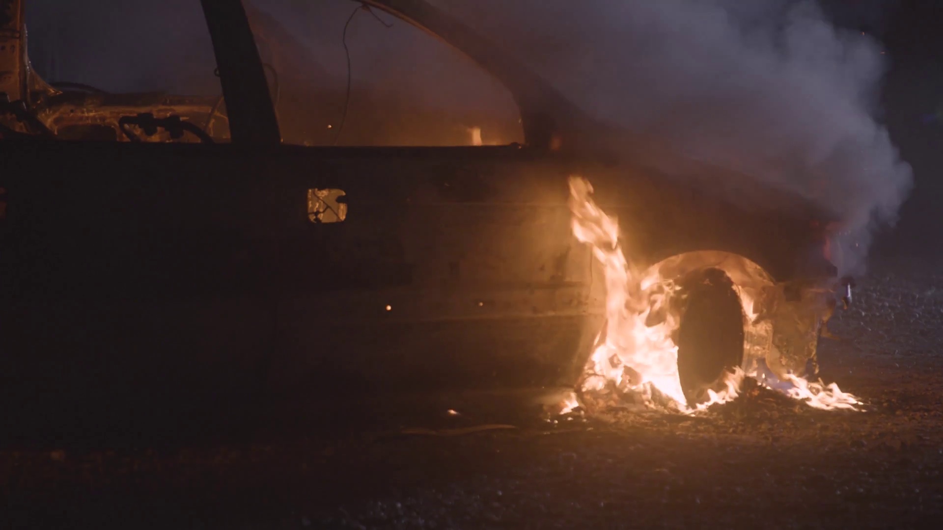 Burning Car Slow Motion Wheel On Fire Close Stock Footage SBV-347773809 ...