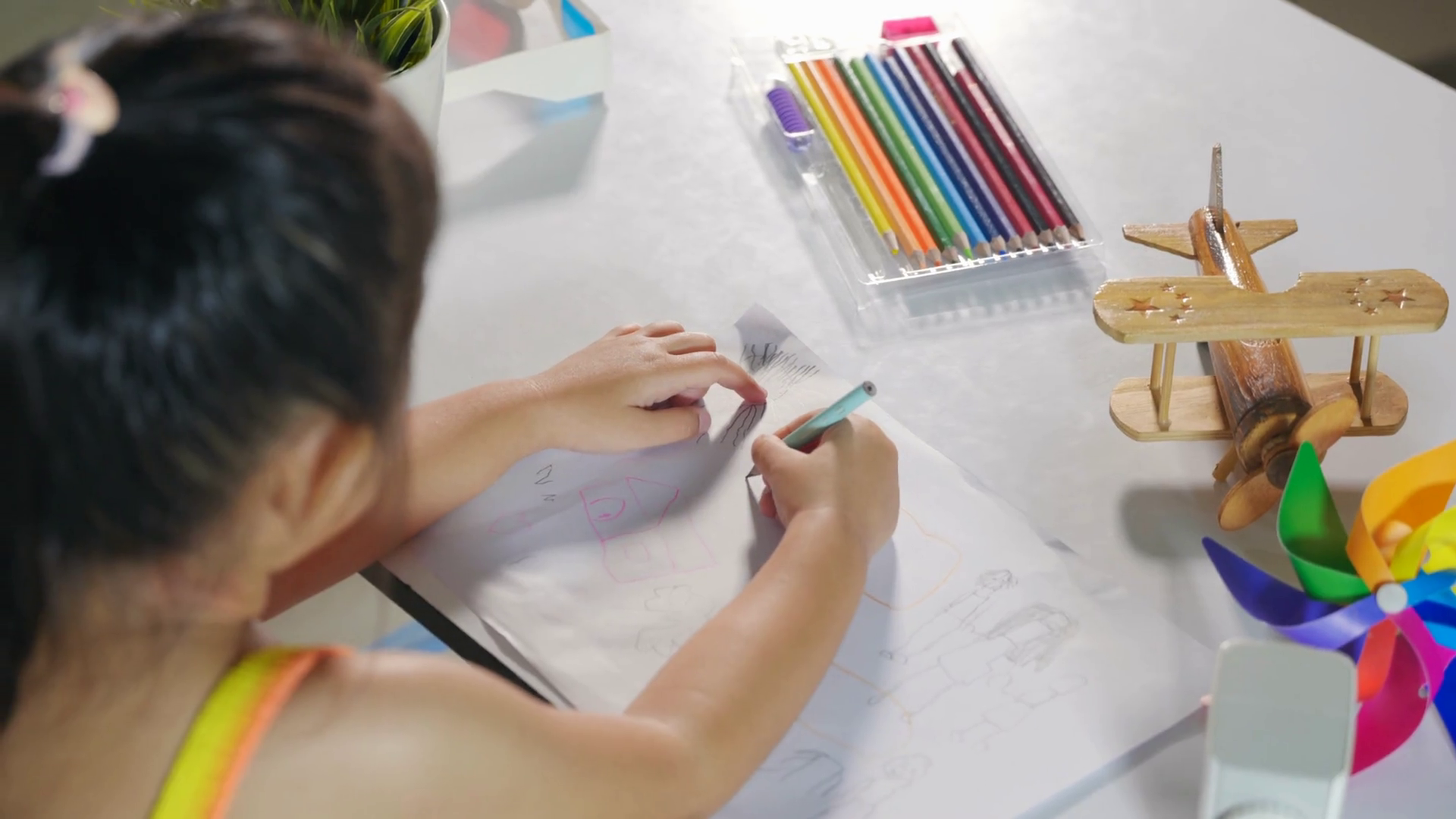 Child Little Girl Drawing Cartoon On Paper Stock Footage SBV-348602532 ...