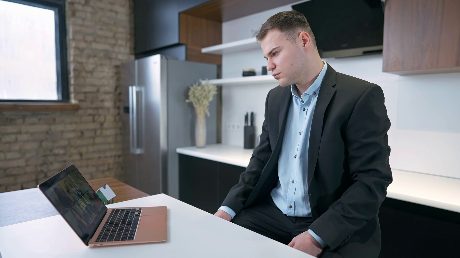 Serious Ceo In Suit Sitting In Kitchen Stock Footage SBV-348473838 ...