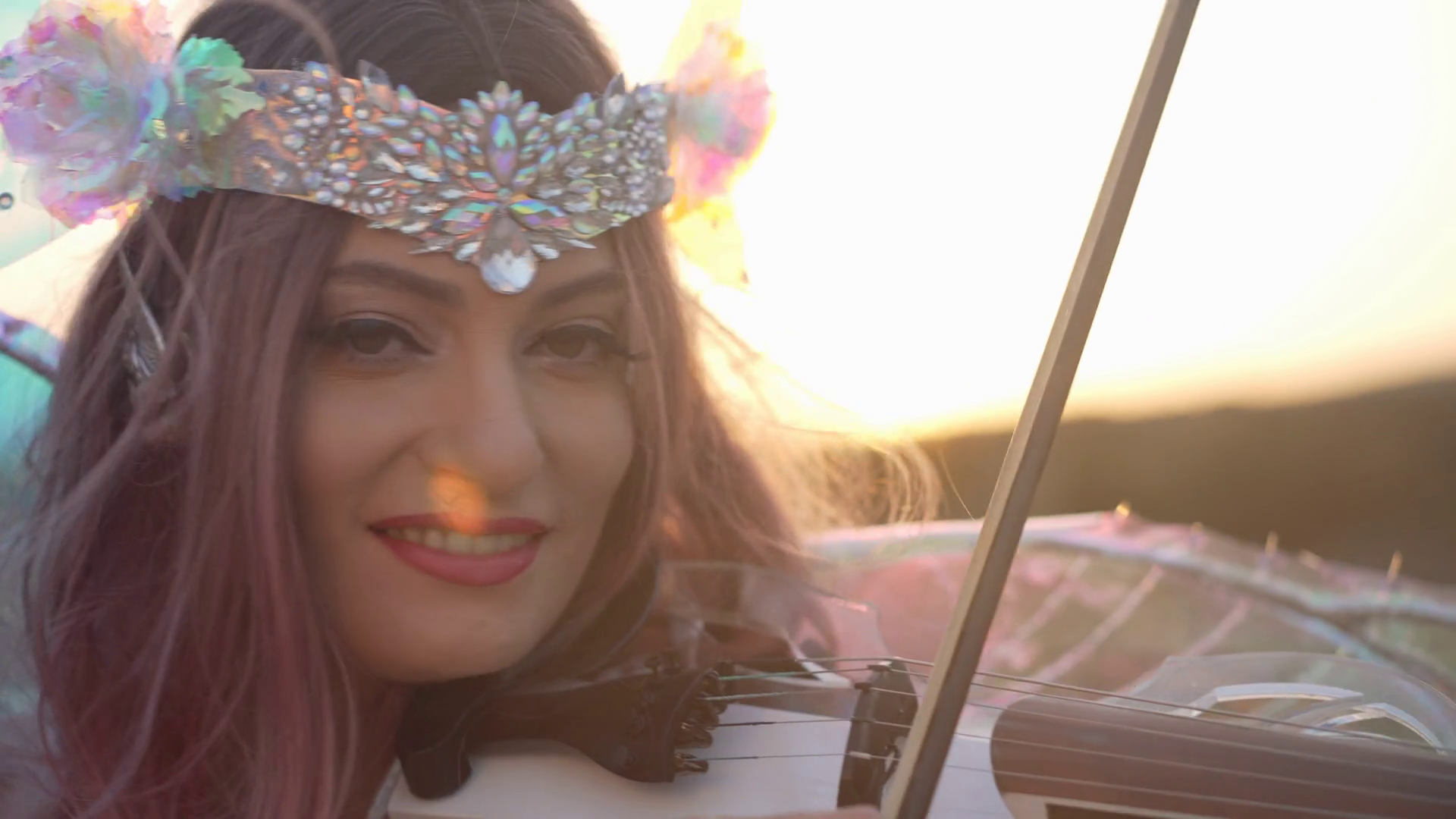 Smiling Woman Playing Violin In Sunbeam At Stock Footage SBV-347525063 ...