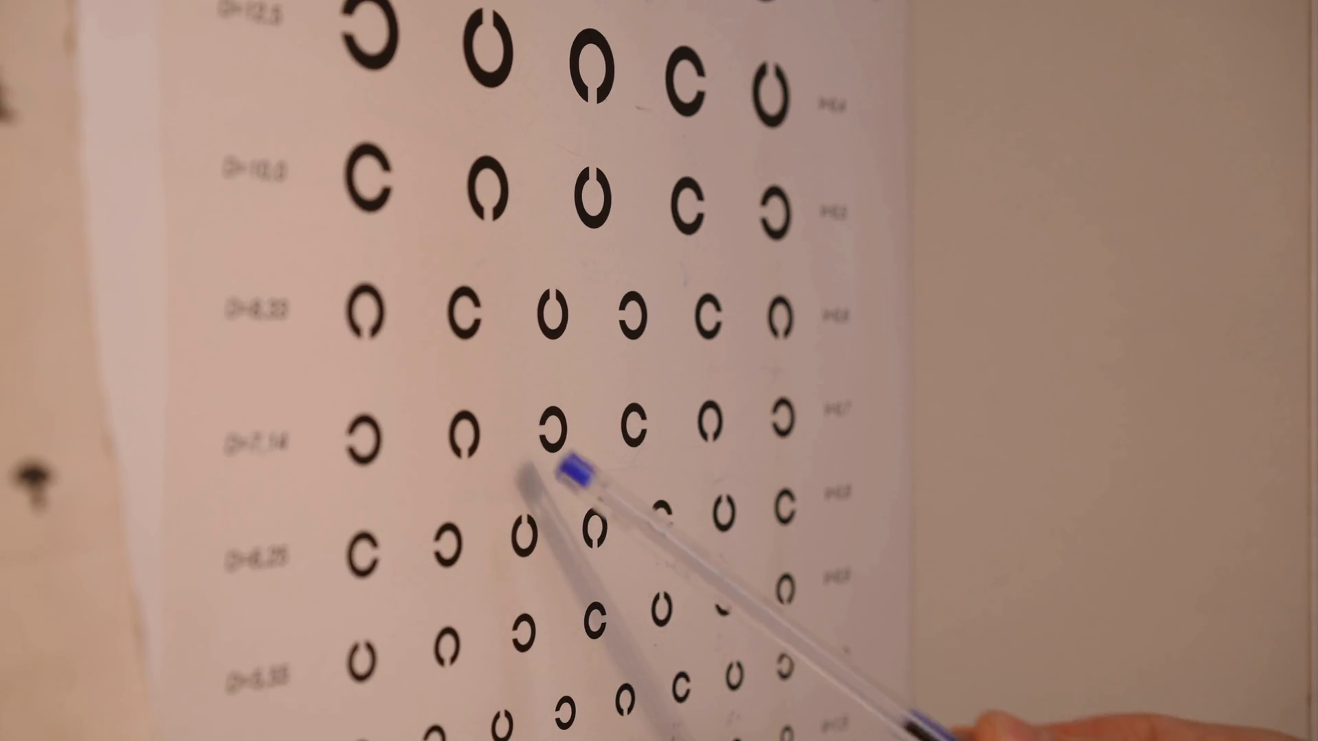 Close-up eyesight test chart with male hand pointing with pen ...