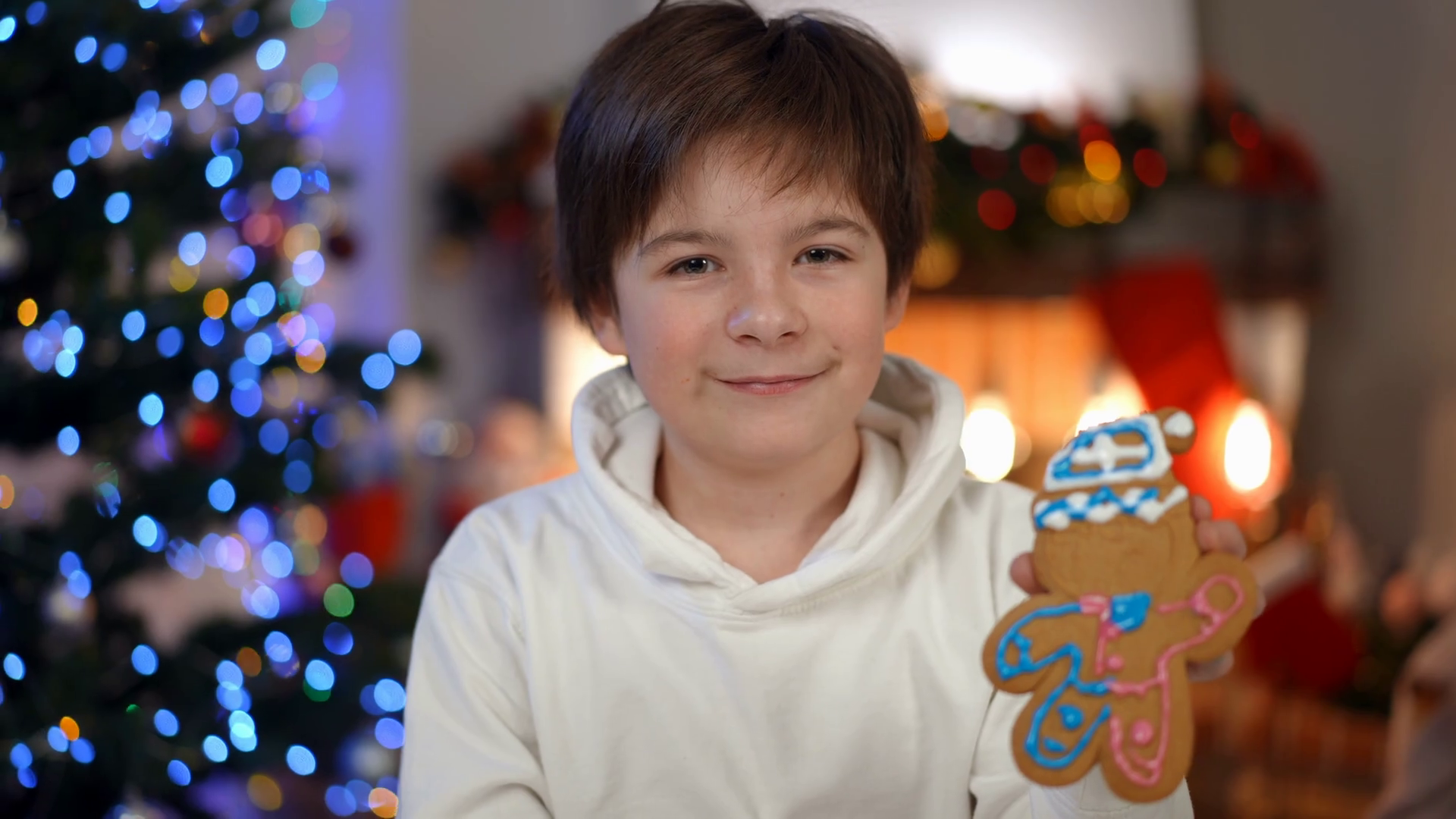 Satisfied smiling teen boy posing with gingerbread cookie in living ...