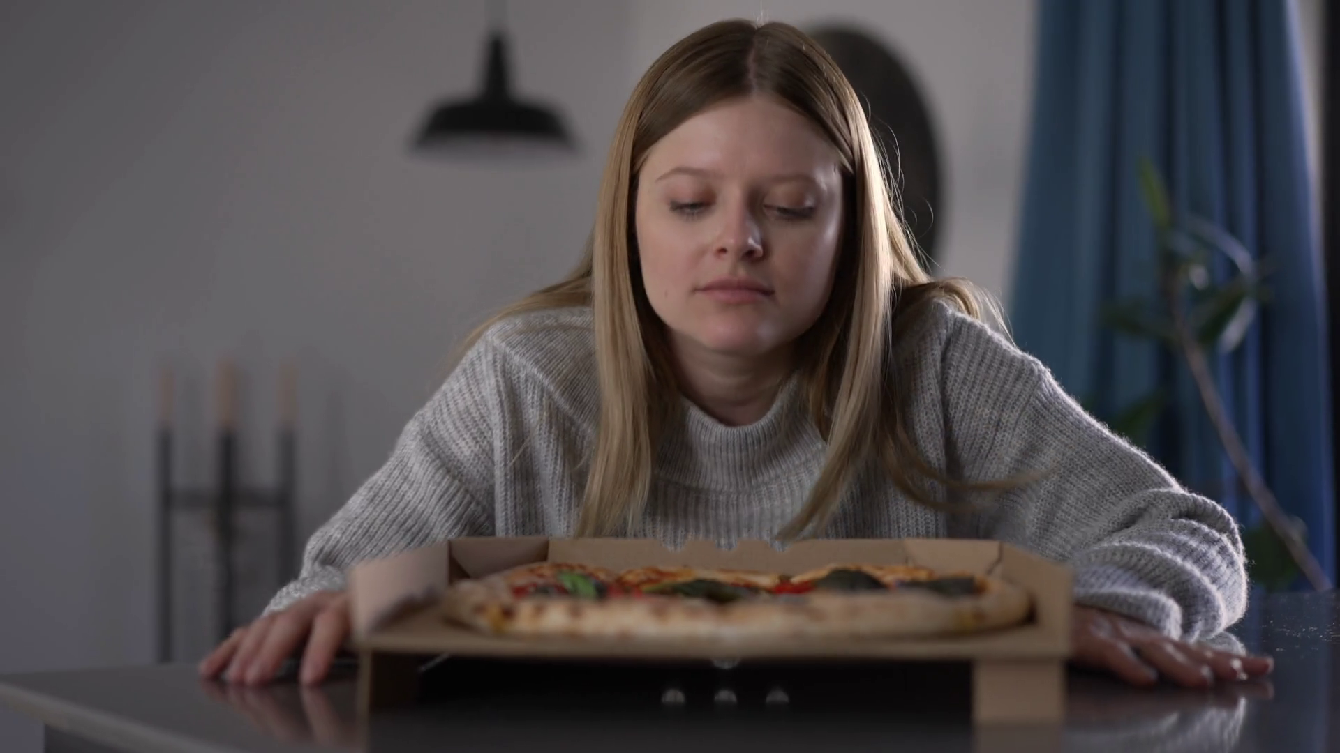 Young Woman Smelling Pizza With Disappointed Stock Footage SBV ...