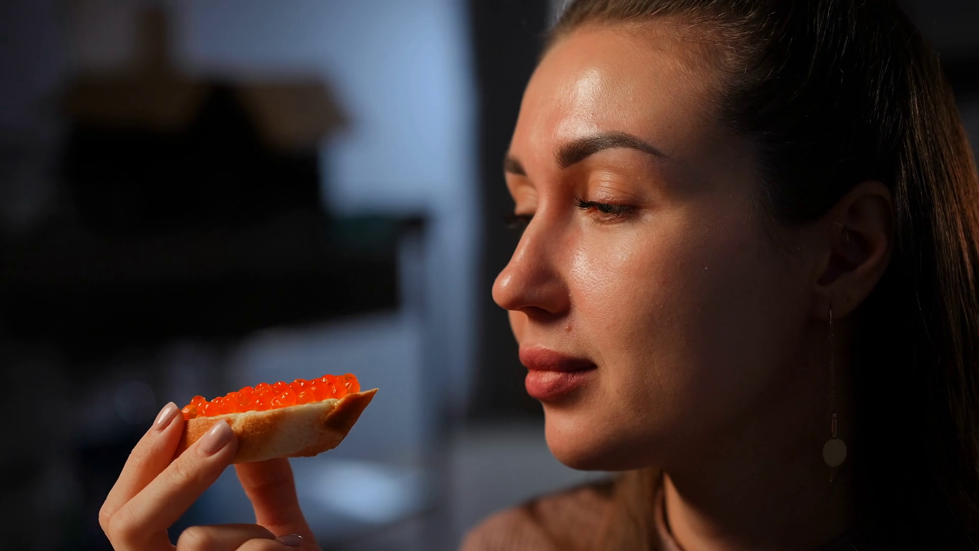 Close-up Young Woman Smelling Sandwich With Stock Footage SBV-347557019 ...