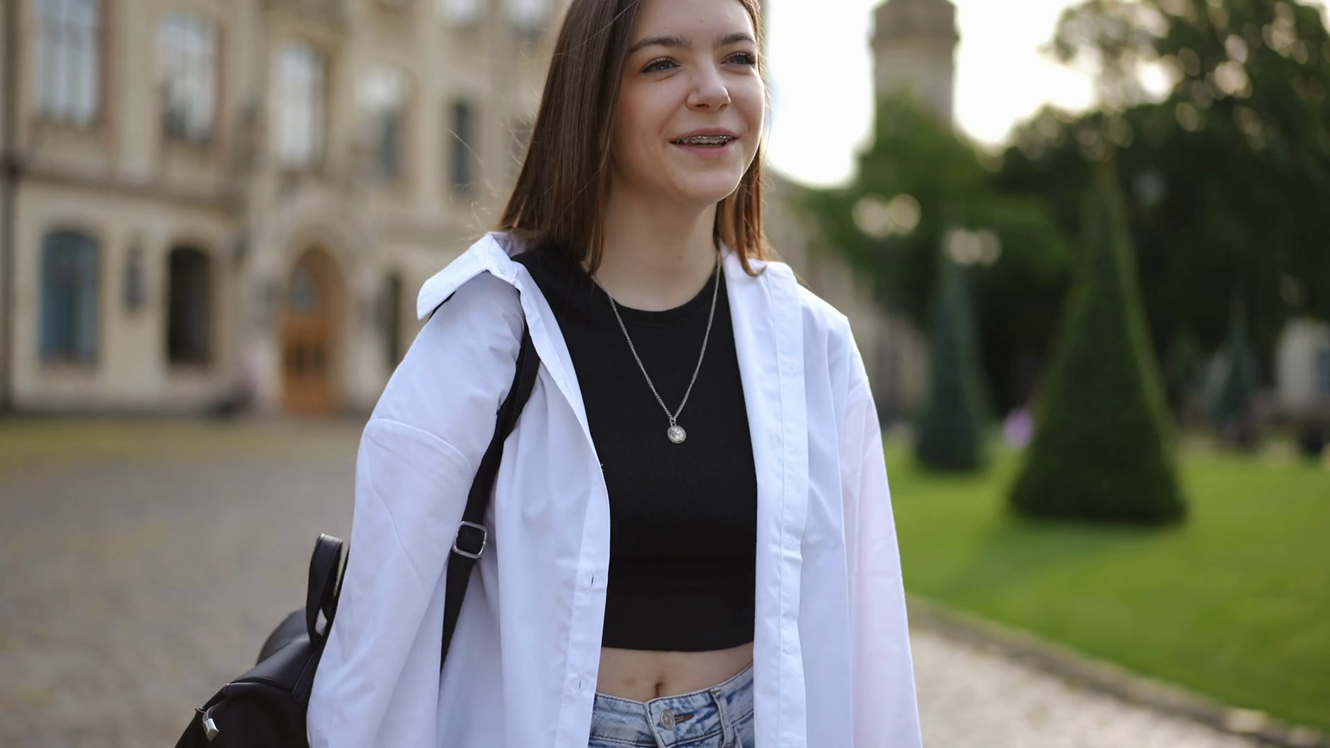 Slow Motion Girl Walks Through Institute Stock Footage SBV-348902700 ...