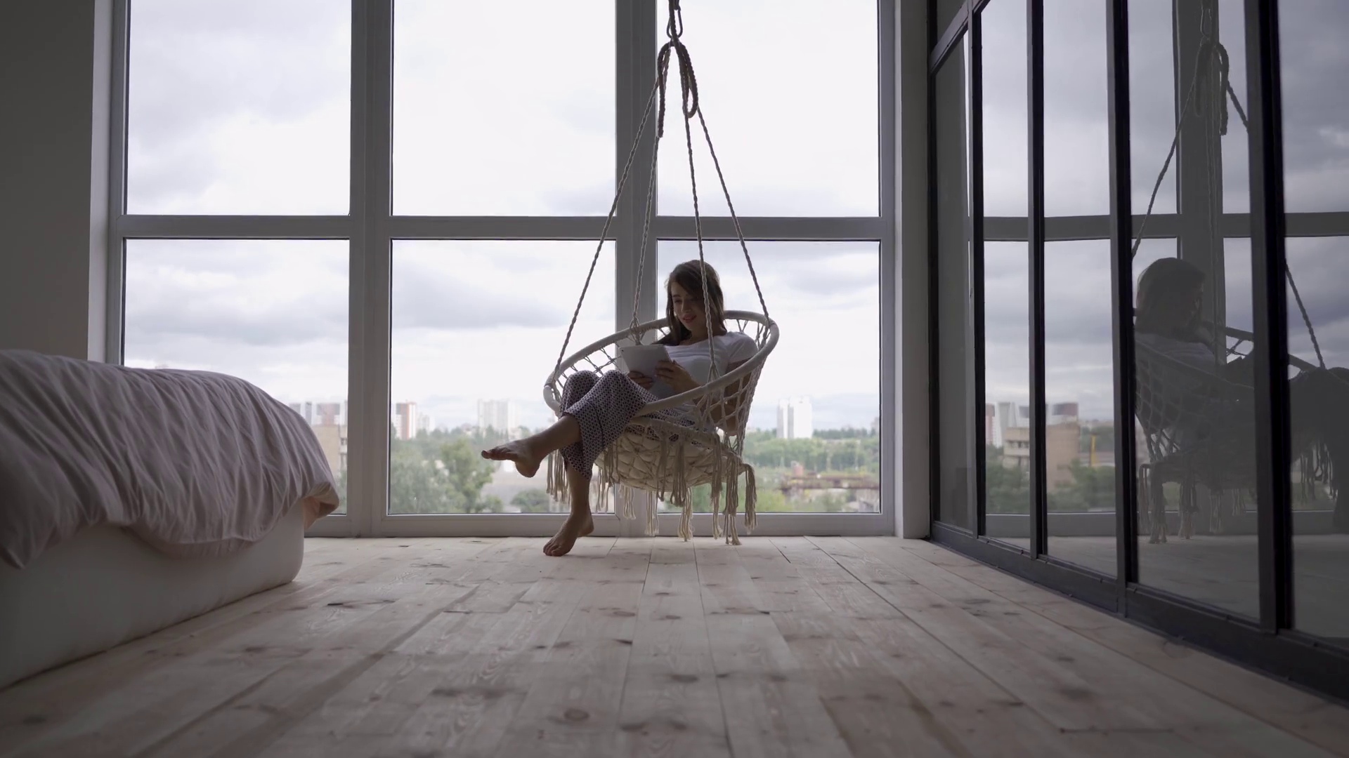 Young Woman Enjoying Hanging Chair Window Stock Footage SBV-337702871 ...