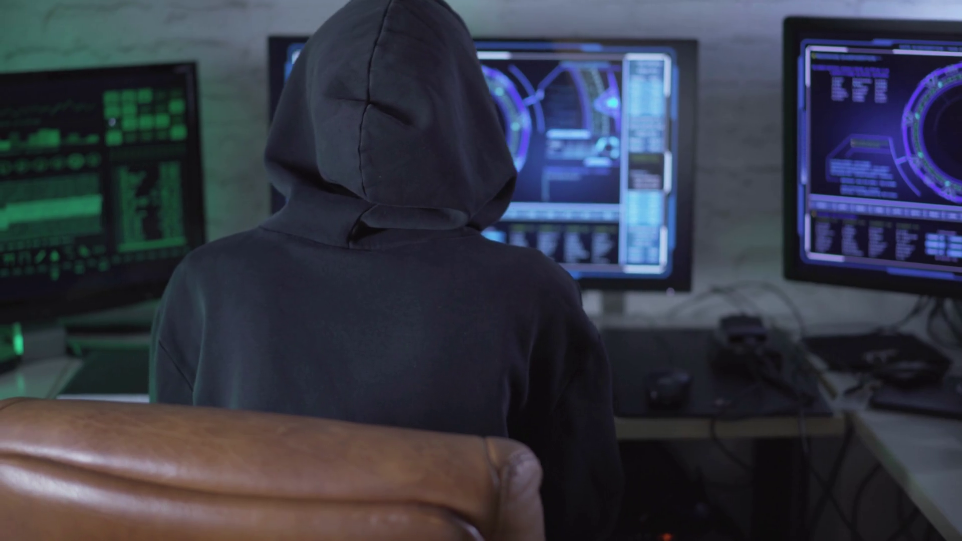 Back View Of Hacker In Hood Using Multiple Stock Footage SBV-338799956 - Storyblocks
