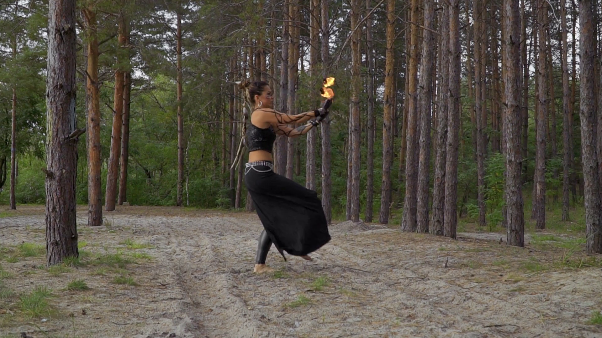 Beautiful Woman Does Fire Show In Forest Stock Footage SBV-327428829 ...