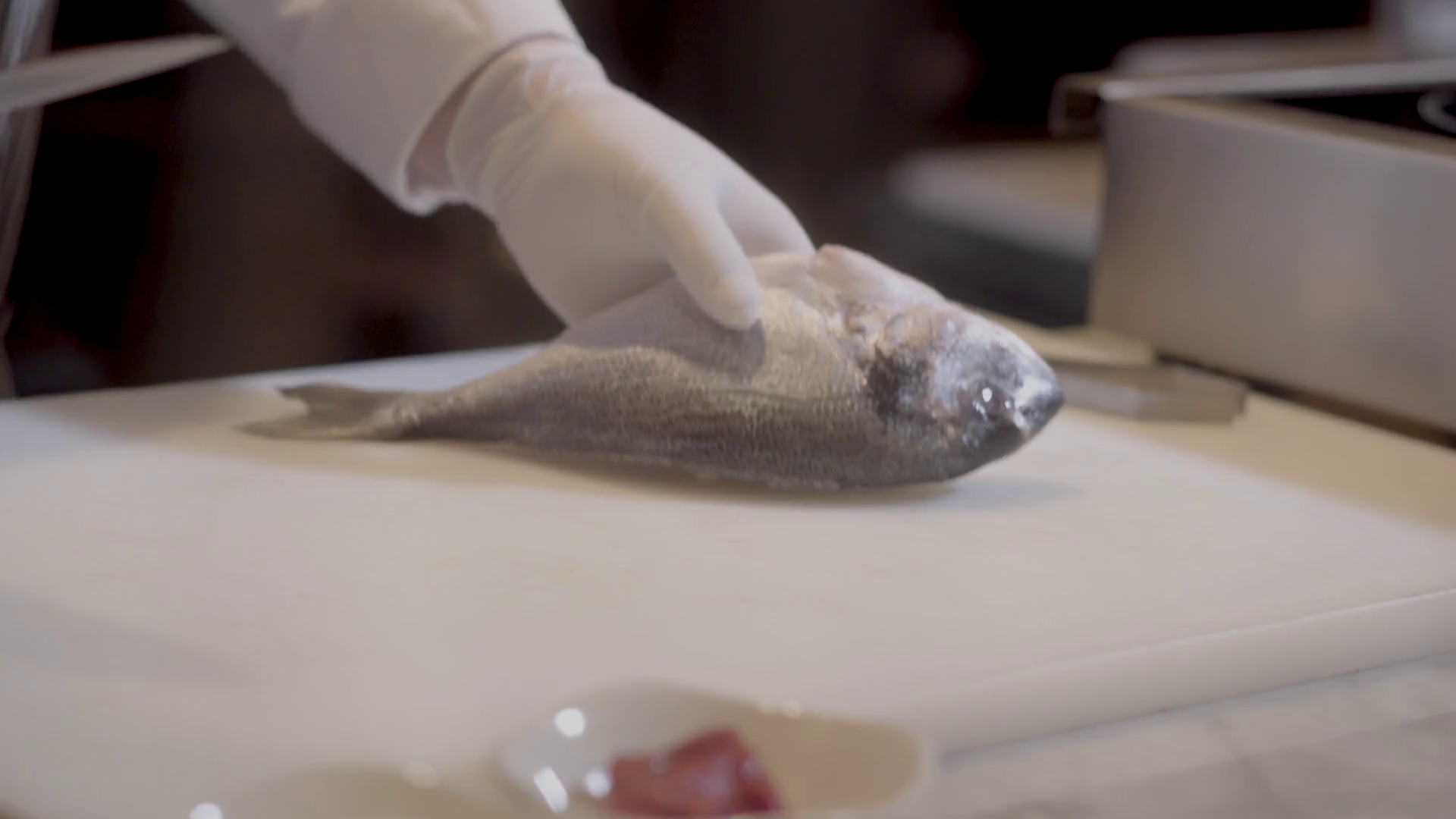 Chef Hands In Rubber Gloves Prepare Raw Fish Stock Footage SBV ...