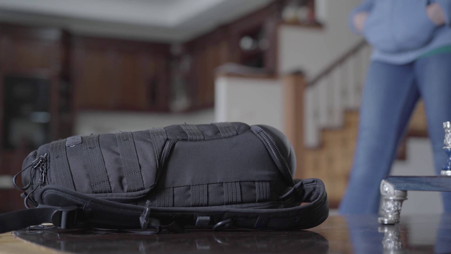 Close Up Backpack On Table Female Put On Bag Stock Footage SBV ...