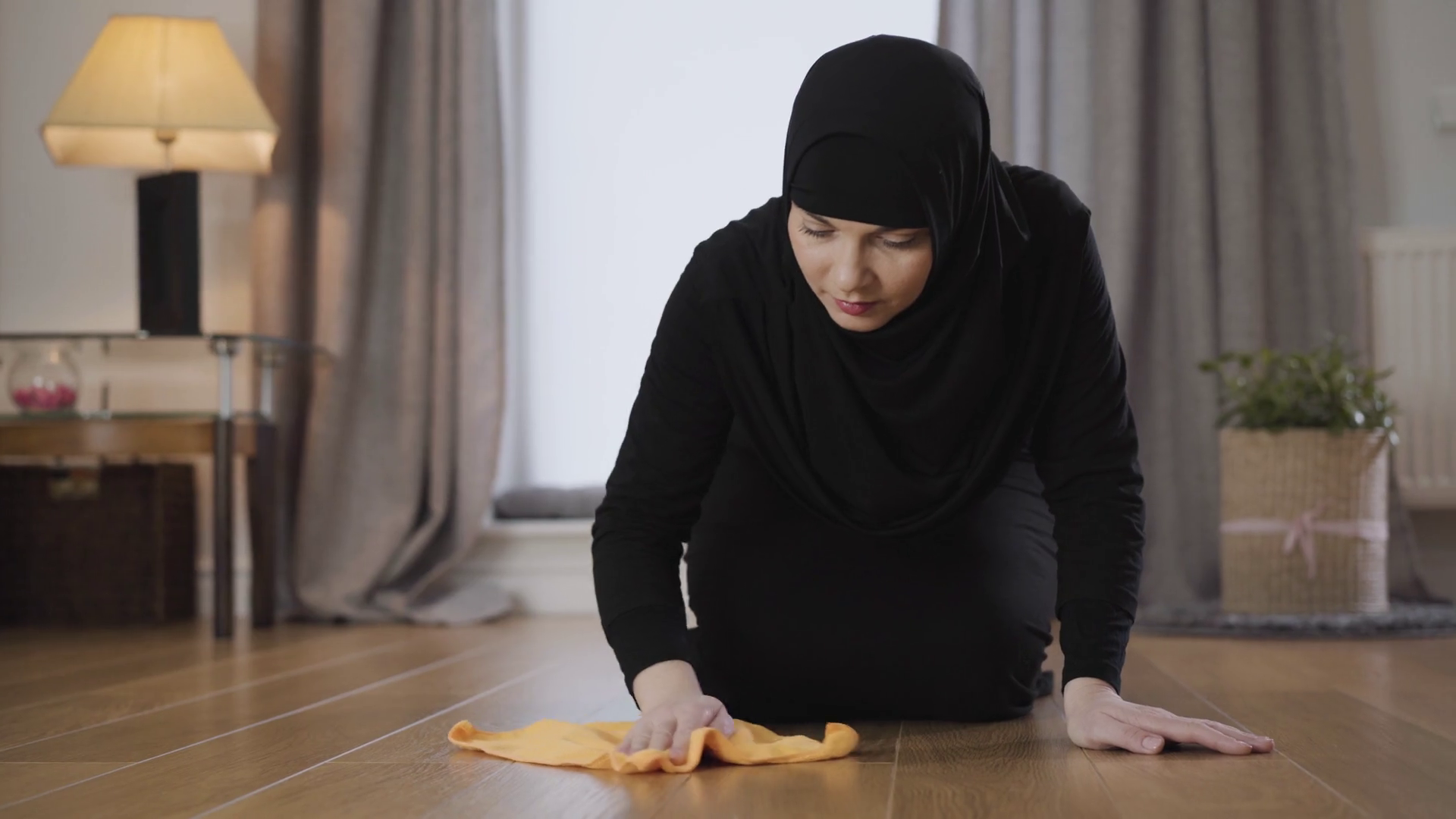 Young Muslim Woman Cleaning Floor Diligently Stock Footage SBV ...