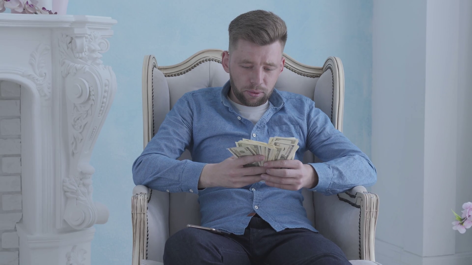 Thoughtful Man In Blue Shirt Counting Money Stock Footage SBV-334224853 ...